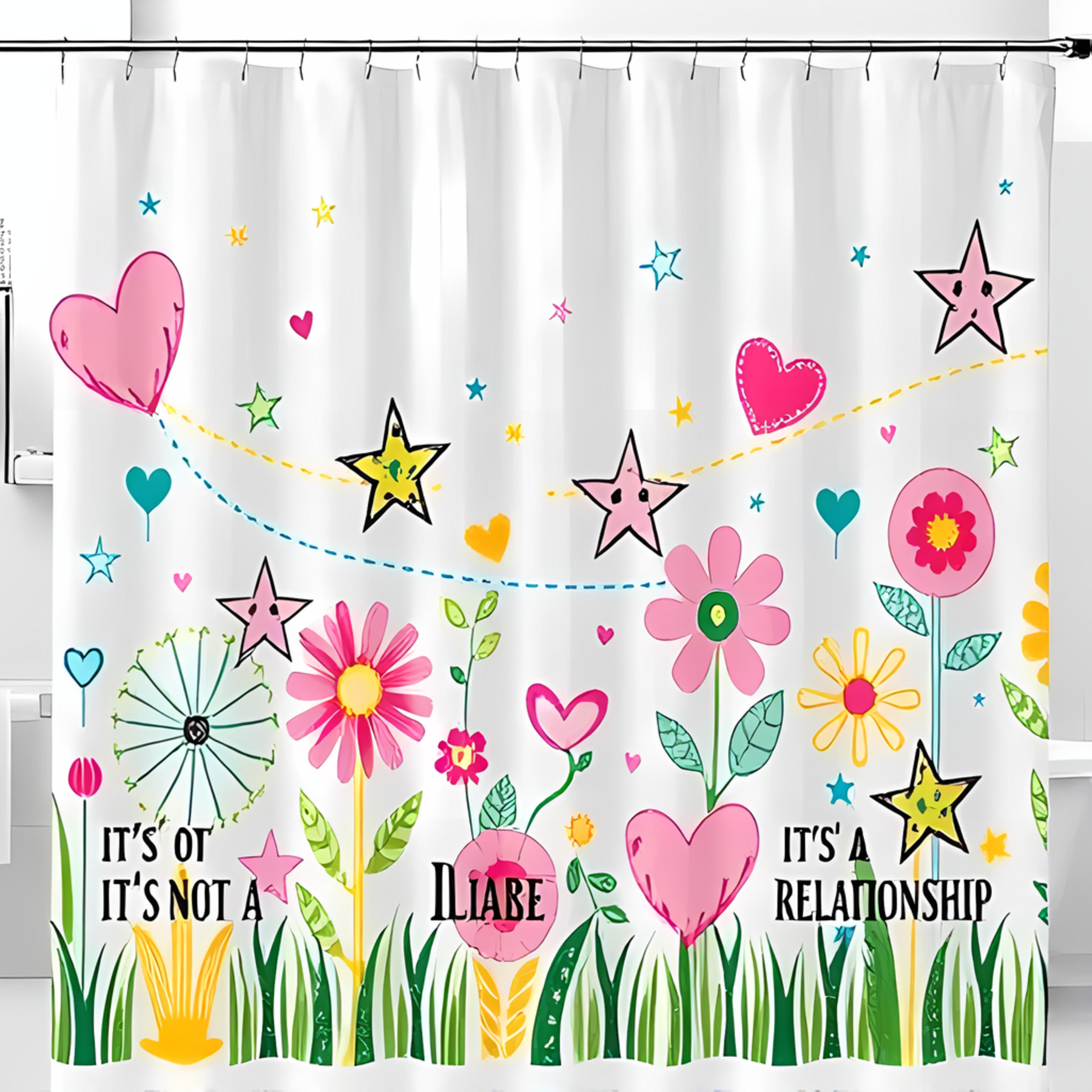 Colorful Whimsical Shower Curtain with Stars Hearts and Flowers ...