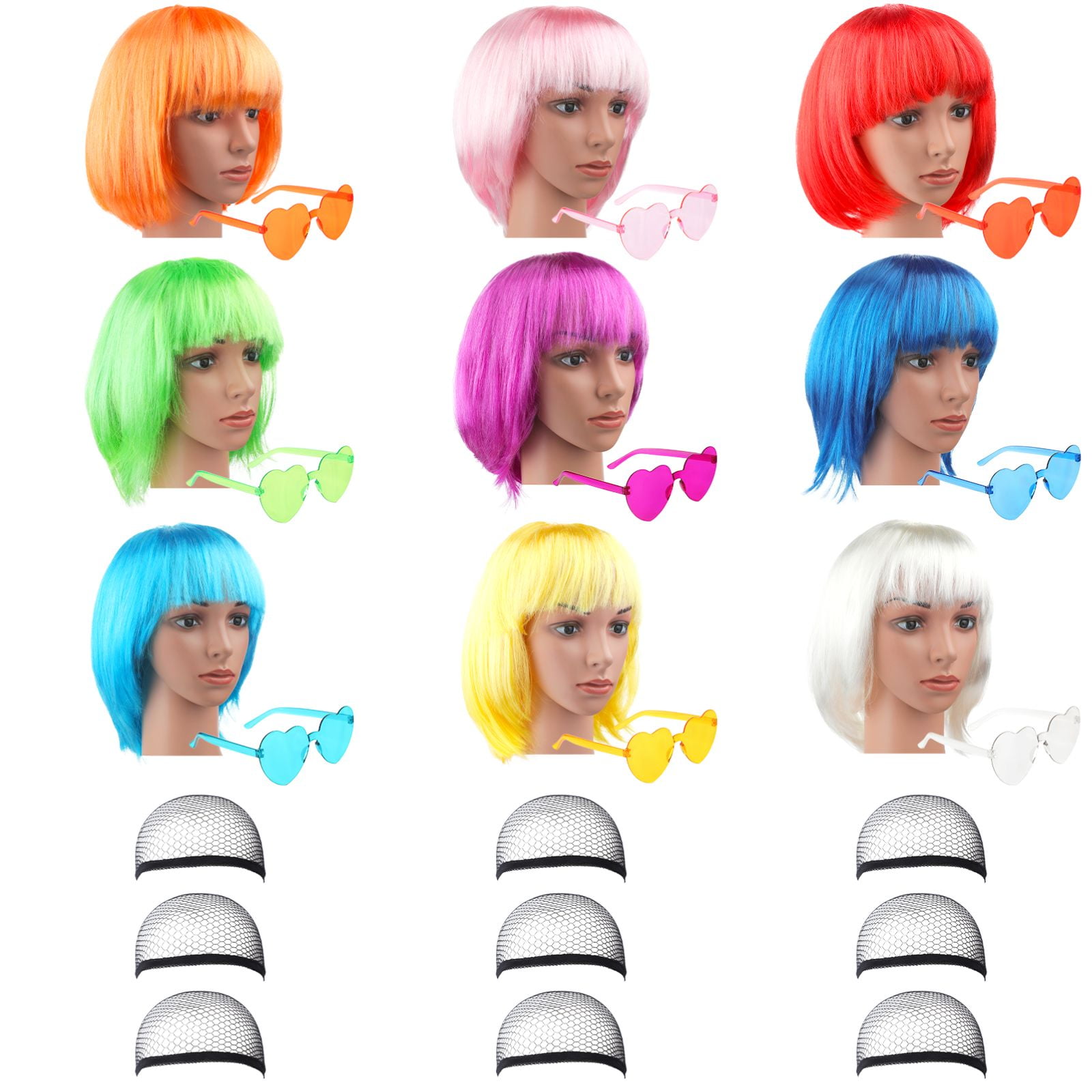 Colorful Wigs, 9 Pack Colored Short Wigs with Sunglasses & Mesh Caps ...