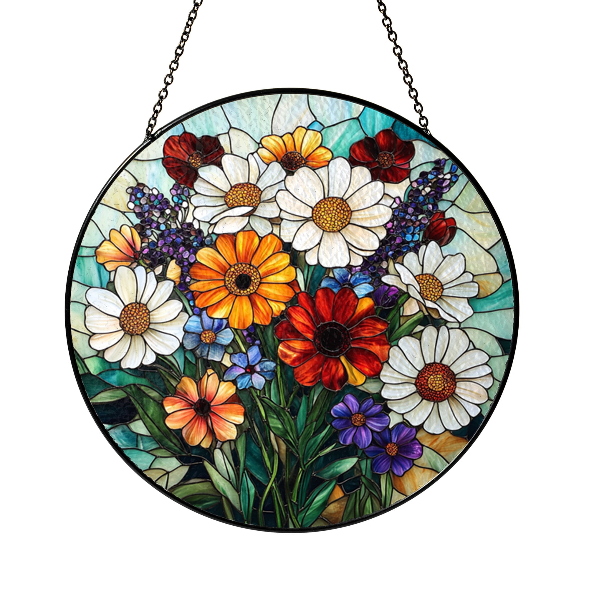 Colorful Wildflower Floral Stained Glass Suncatcher, Round Window ...