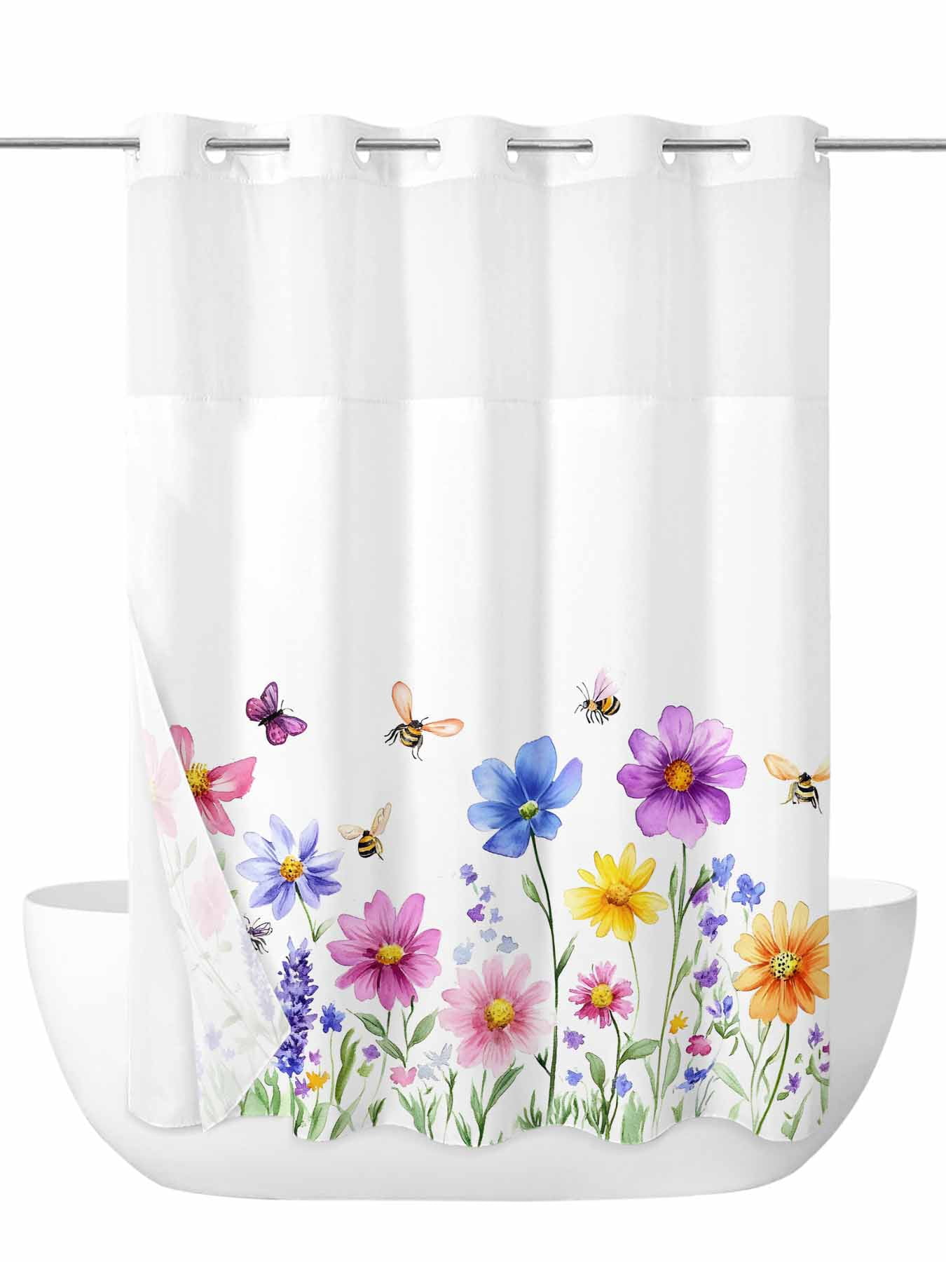 Colorful Wildflower No Hook Shower Curtain and Liner Set Bee Butterfly ...