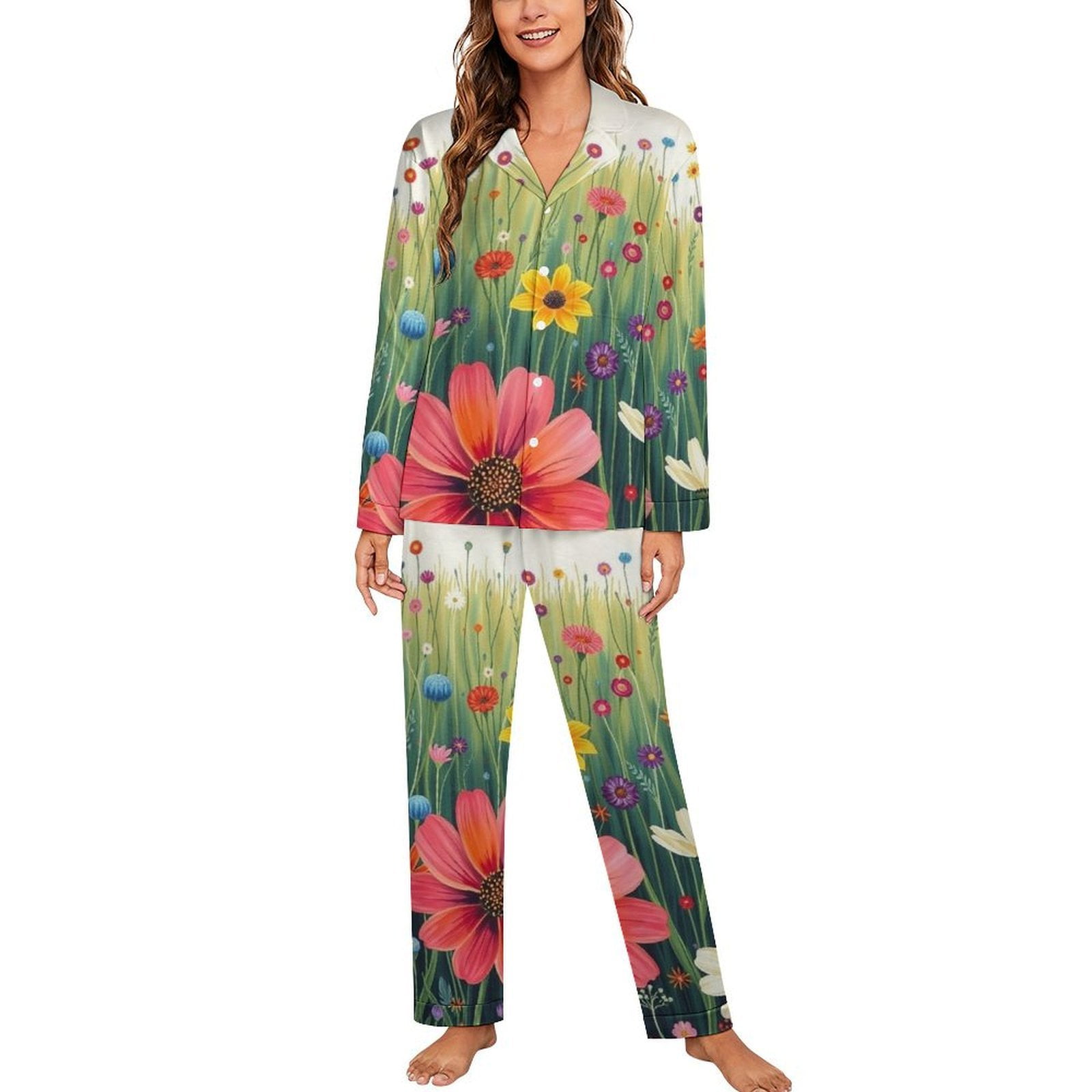Colorful Wildflower Meadow Pajamas Night V Neck Nightwear Lady Two ...