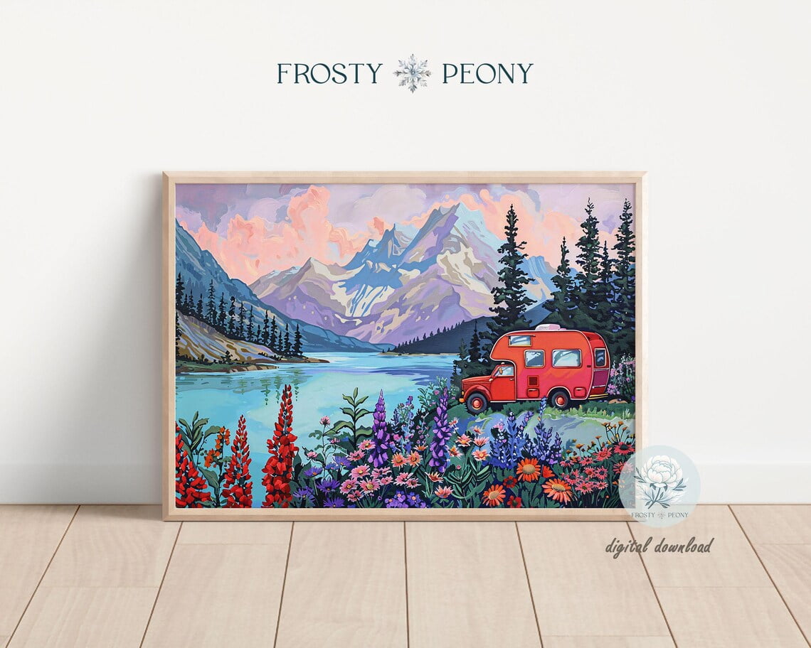 Colorful Wildflower Mountain Camping Scenery Art Print, Bright Outdoor ...