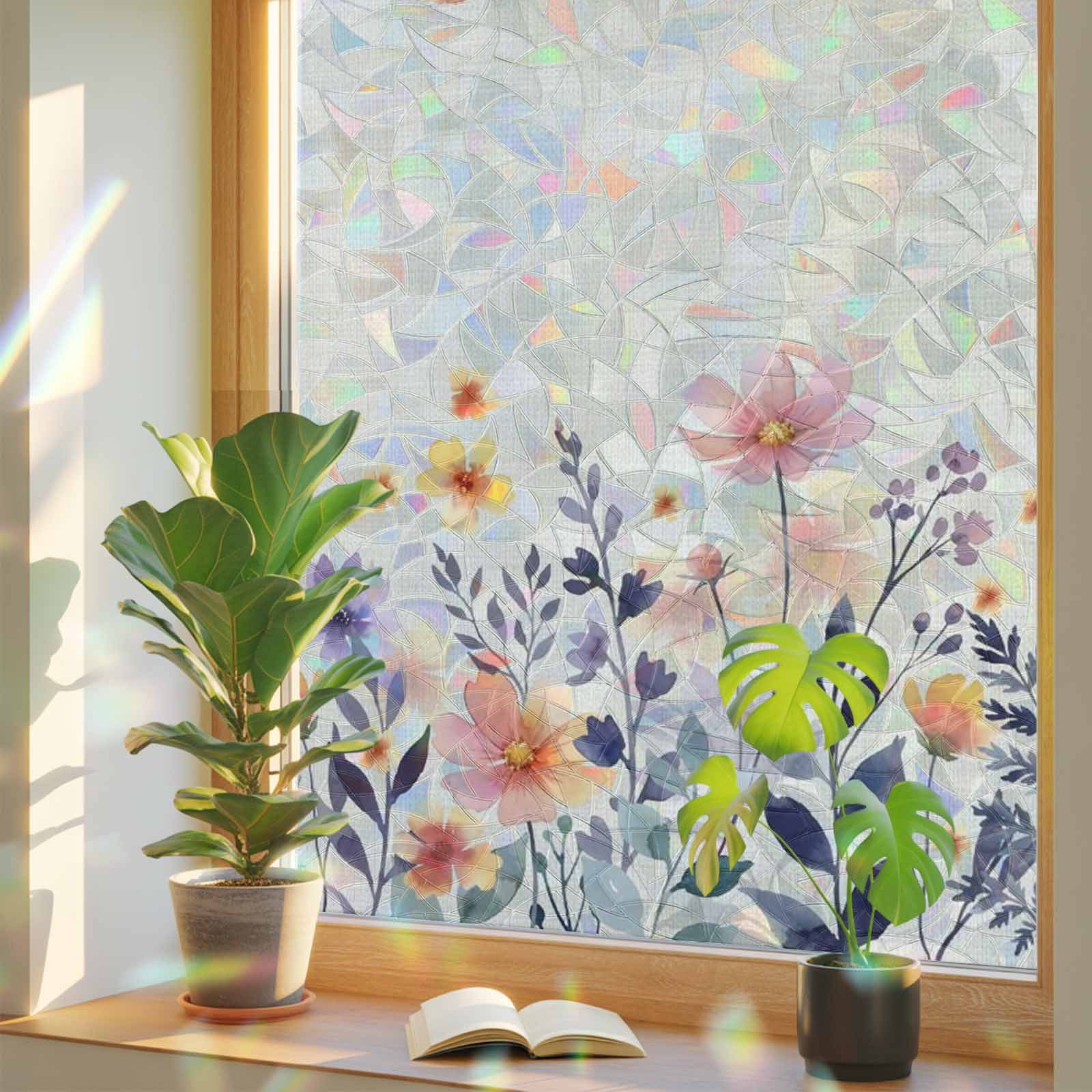 Colorful Wildflower on Retro Linen Window Privacy Film, Rainbow Film ...