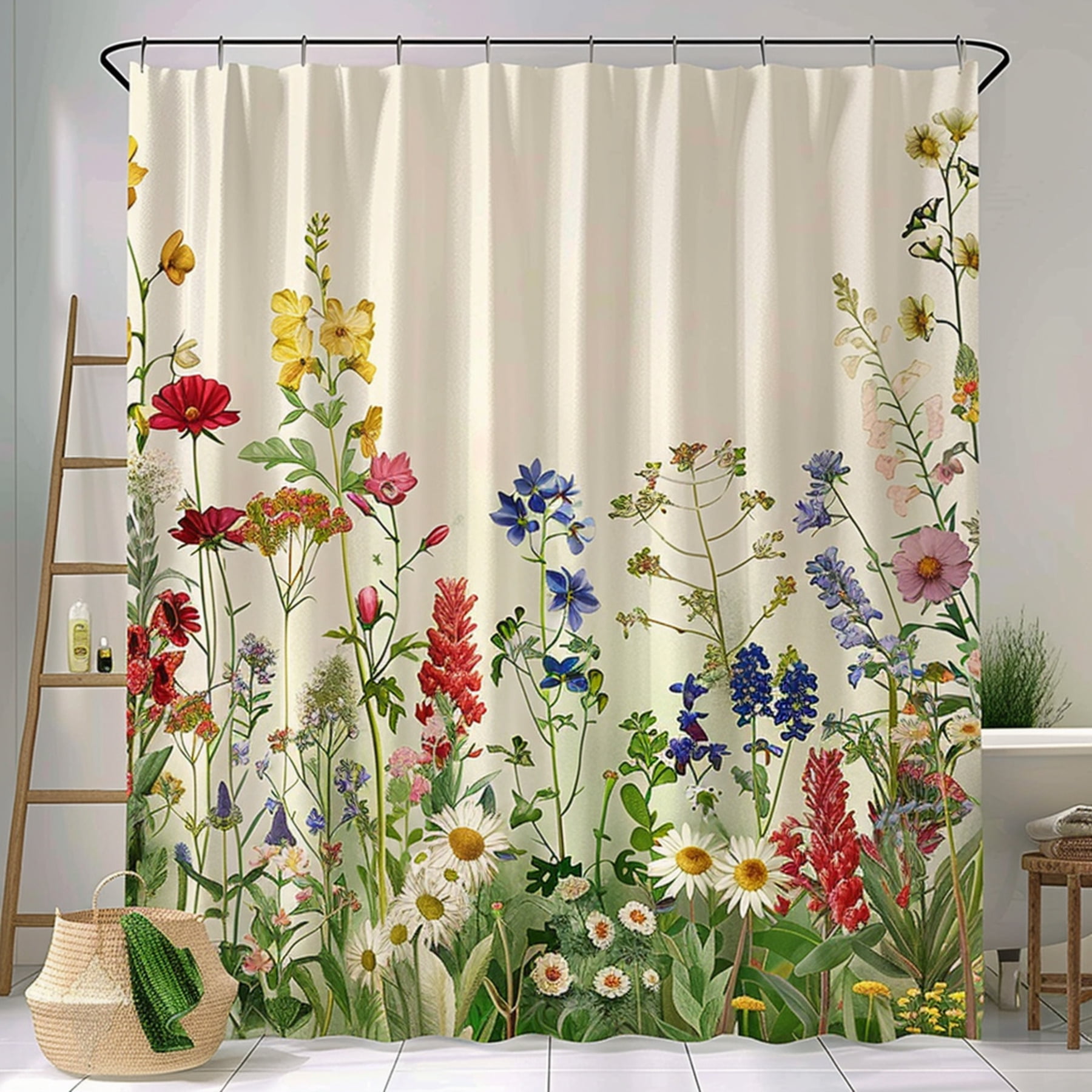 Colorful Wildflowers Field Shower Curtain White Background Floral