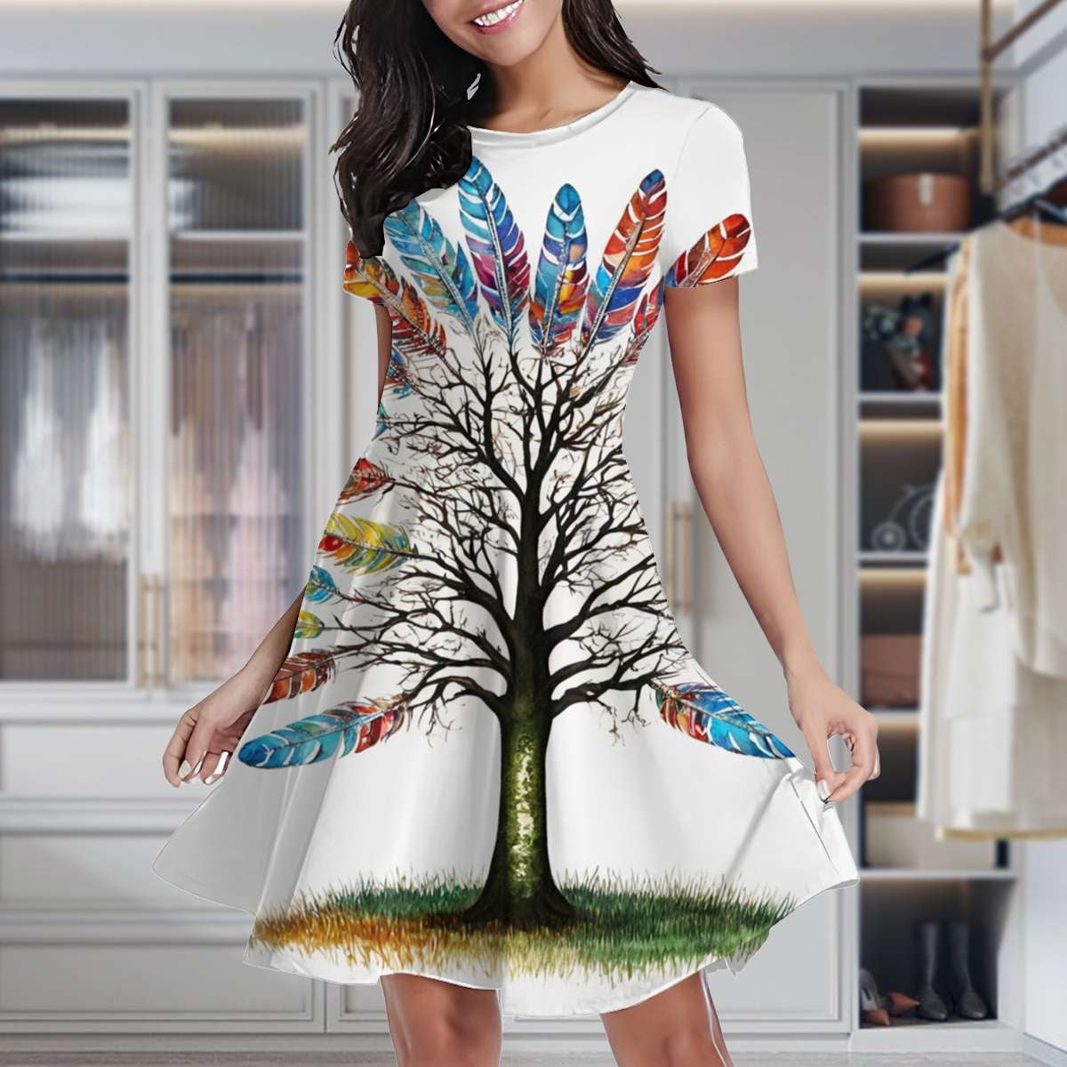 Colorful Windmill Tree Art Women's Classic Swing Skater Dress Casual ...