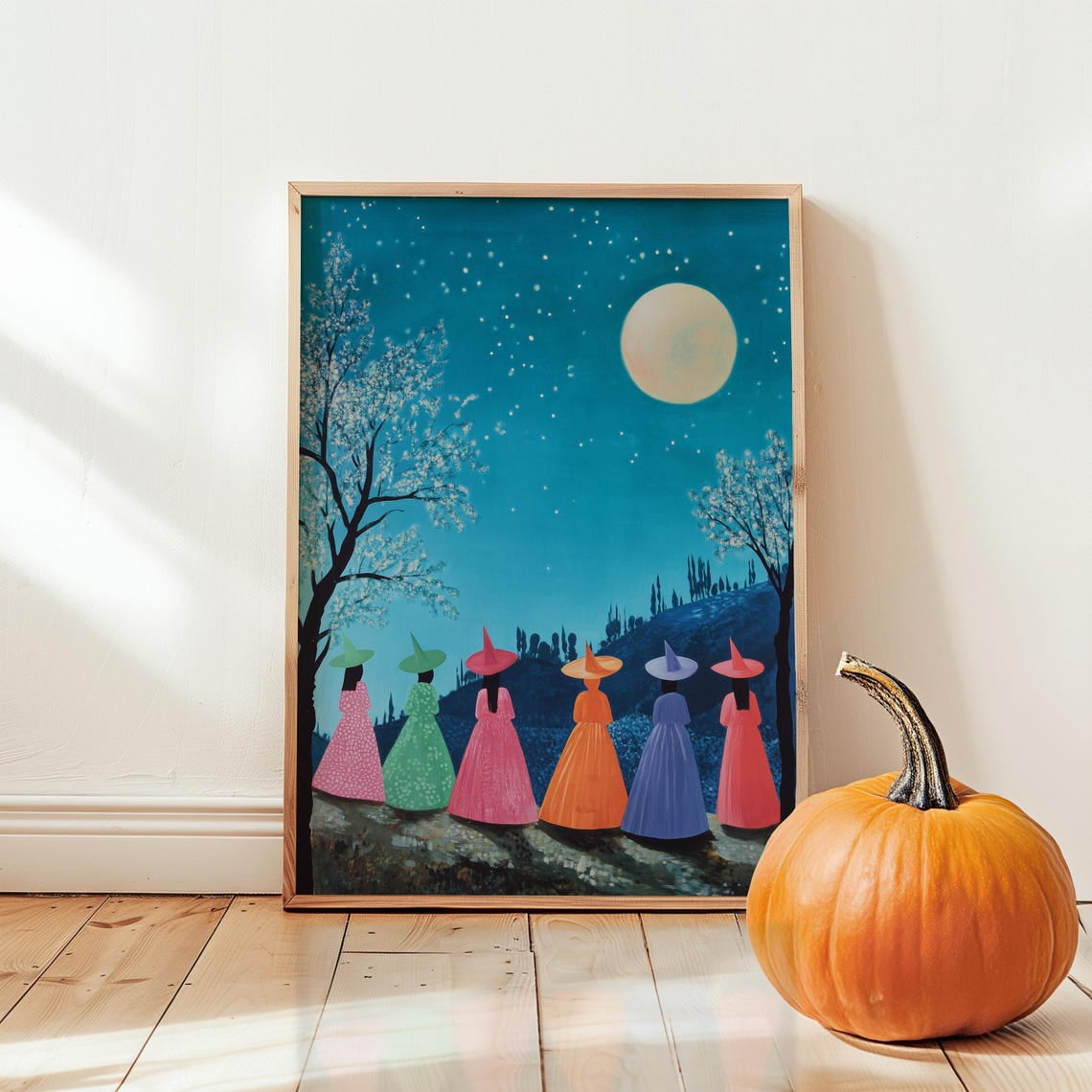 Colorful Witches Under Moonlight Night Art Perfect For Decor Mystical ...