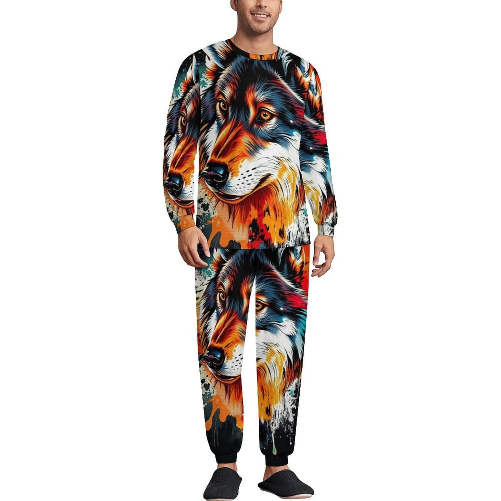 Colorful Wolf Art Print Pajamas Man Warm Sleepwear Autumn Long-Sleeve 2 ...