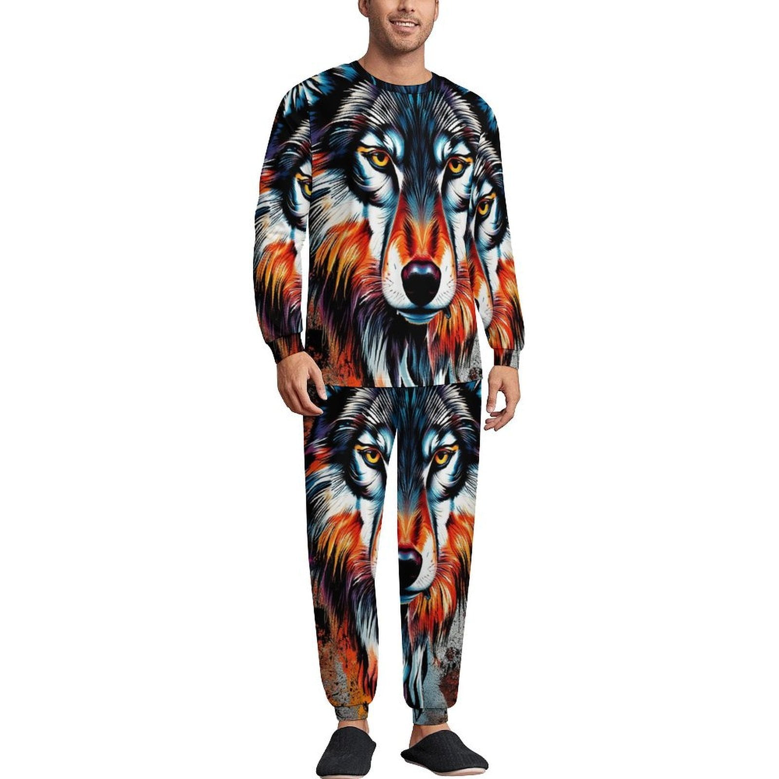 Colorful Wolf Art Print Pajamas Men Home Suit Winter Long Sleeve 2 ...