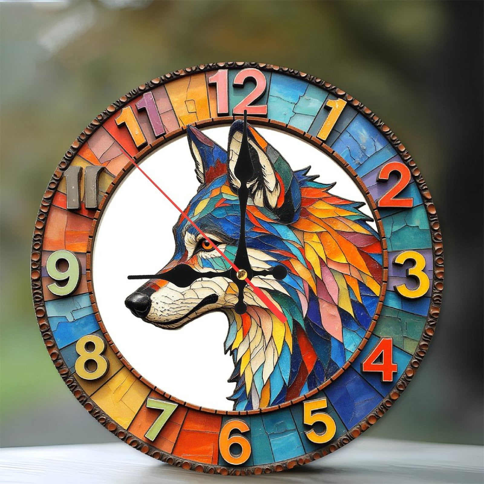 Colorful Wolf Art Wall Clock Home Decor 10-Inch Silent Wooden Wall ...