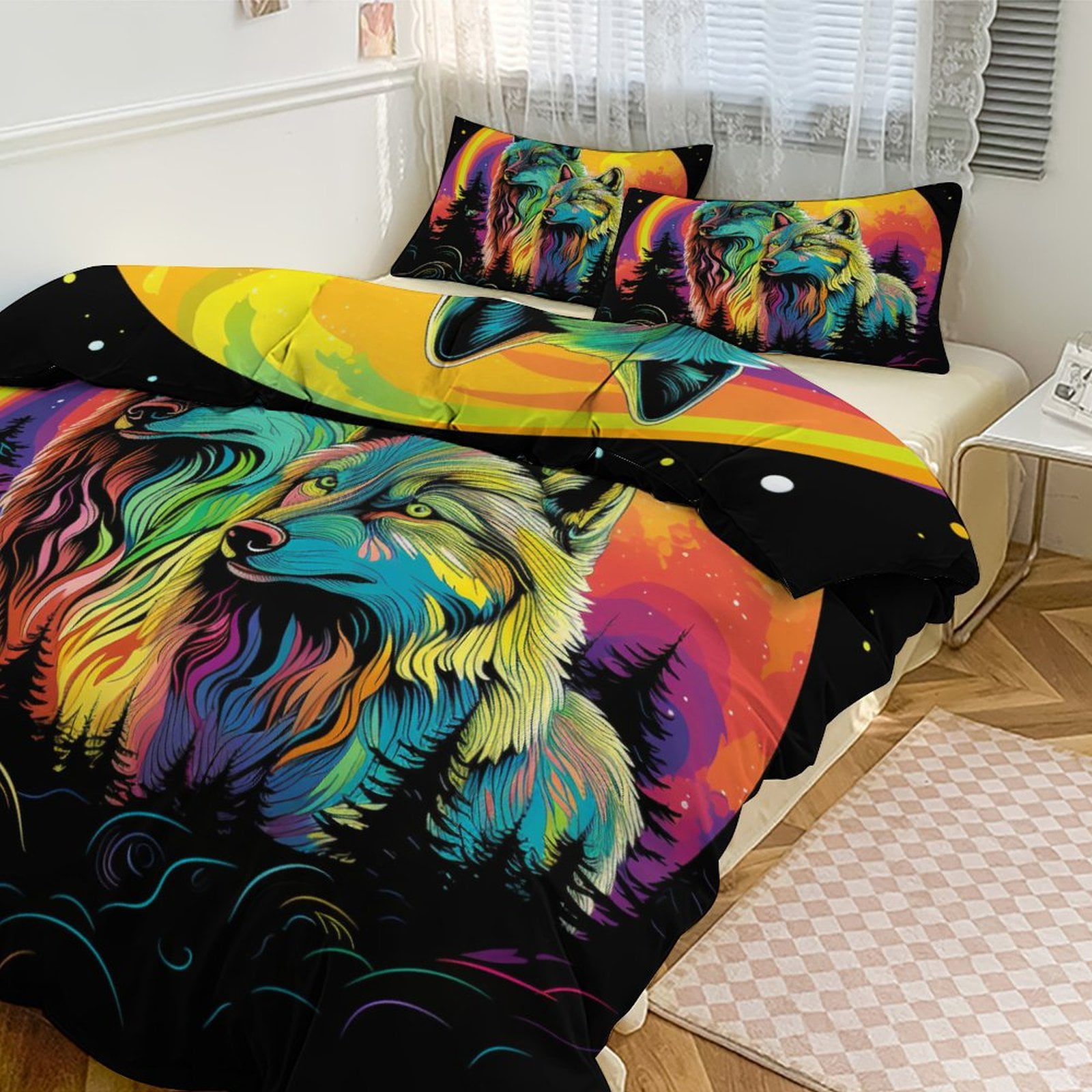 Colorful Wolf Bedding Sets Twin Duvet Cover 3 Piece Cute Bed Set for ...