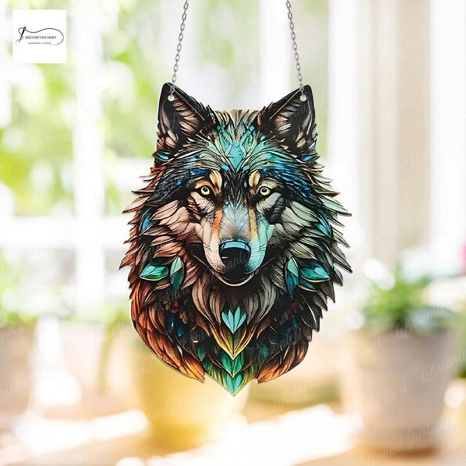 Colorful Wolf Head Acrylic Window Hanging, Animal Decor with Mandala ...