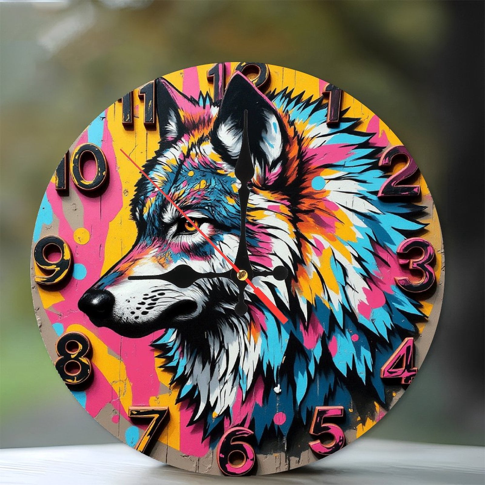 Colorful Wolf Wall Clock Decorative Art 10-Inch Silent Wooden Wall ...