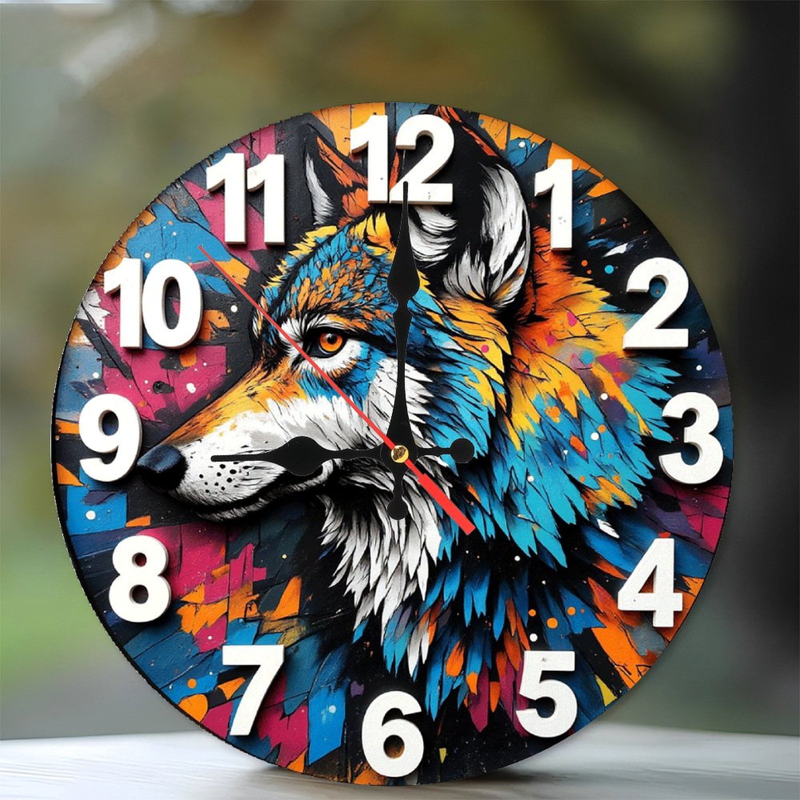 Colorful Wolf Wall Clock with Unique Artistic Design 10-Inch Silent ...