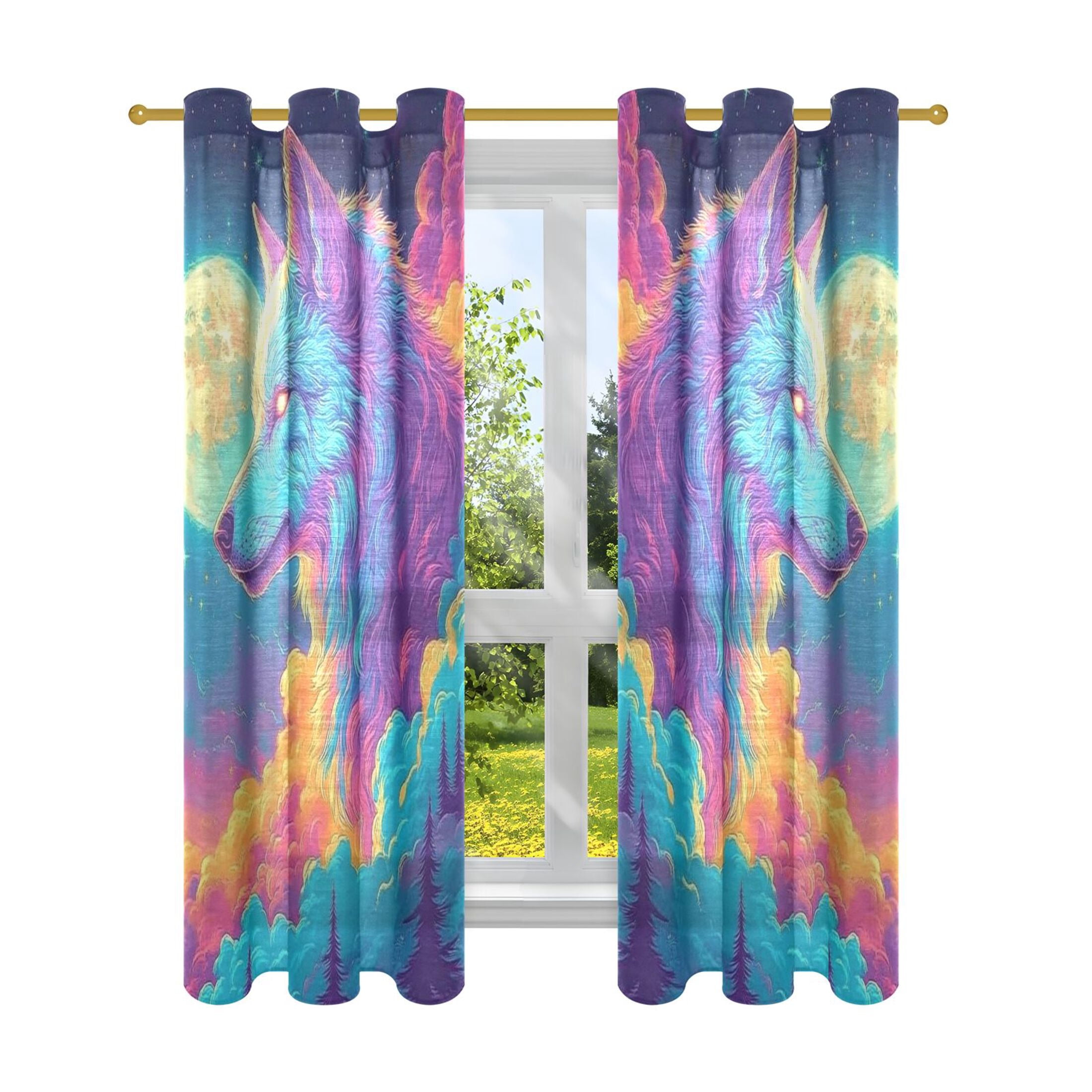 Colorful Wolf in Clouds Semi Sheer Curtains for Living Room Bedroom Set ...
