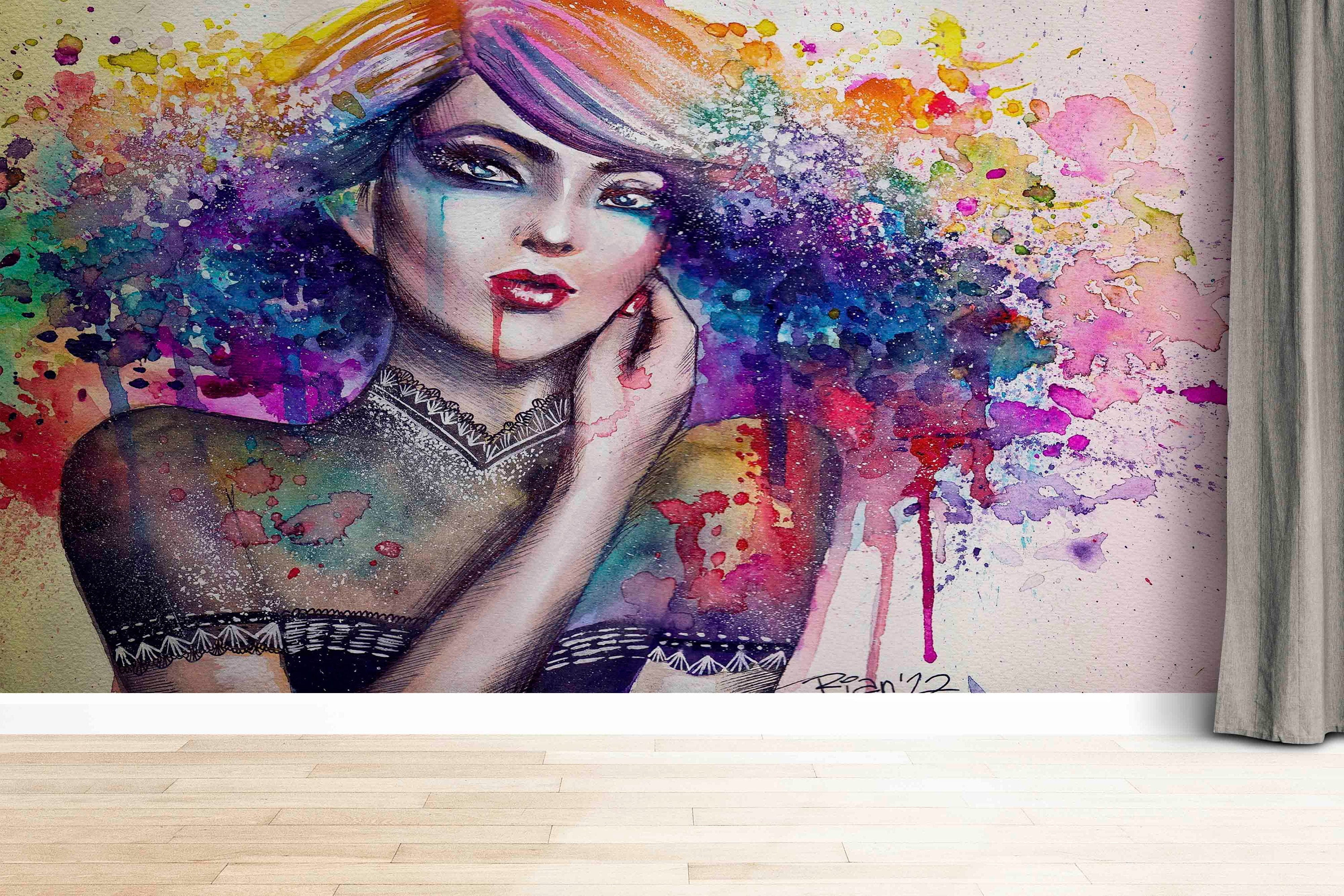 Colorful Woman Wall Painting, Modern Wallpaper, Bright Wallpaper, Girl ...