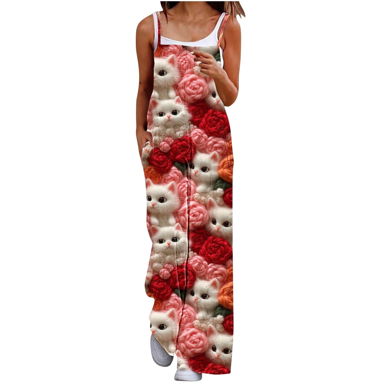 Colorful Women Cat Rose Flower Graphic Loose Fit Overalls Coveralls ...