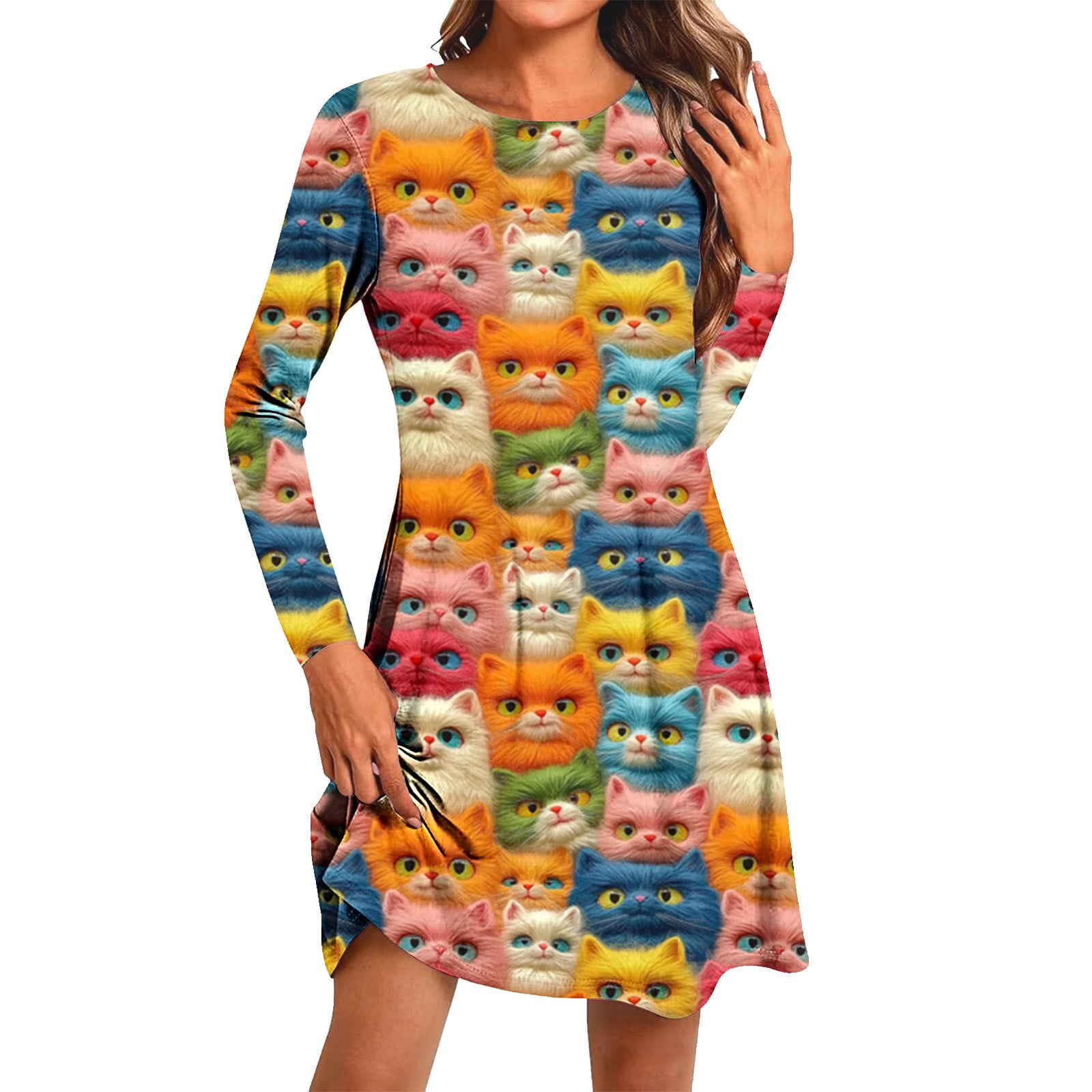 Colorful Women Long Sleeve Cat Graphic Loose Fit Dress for Teen Girls ...