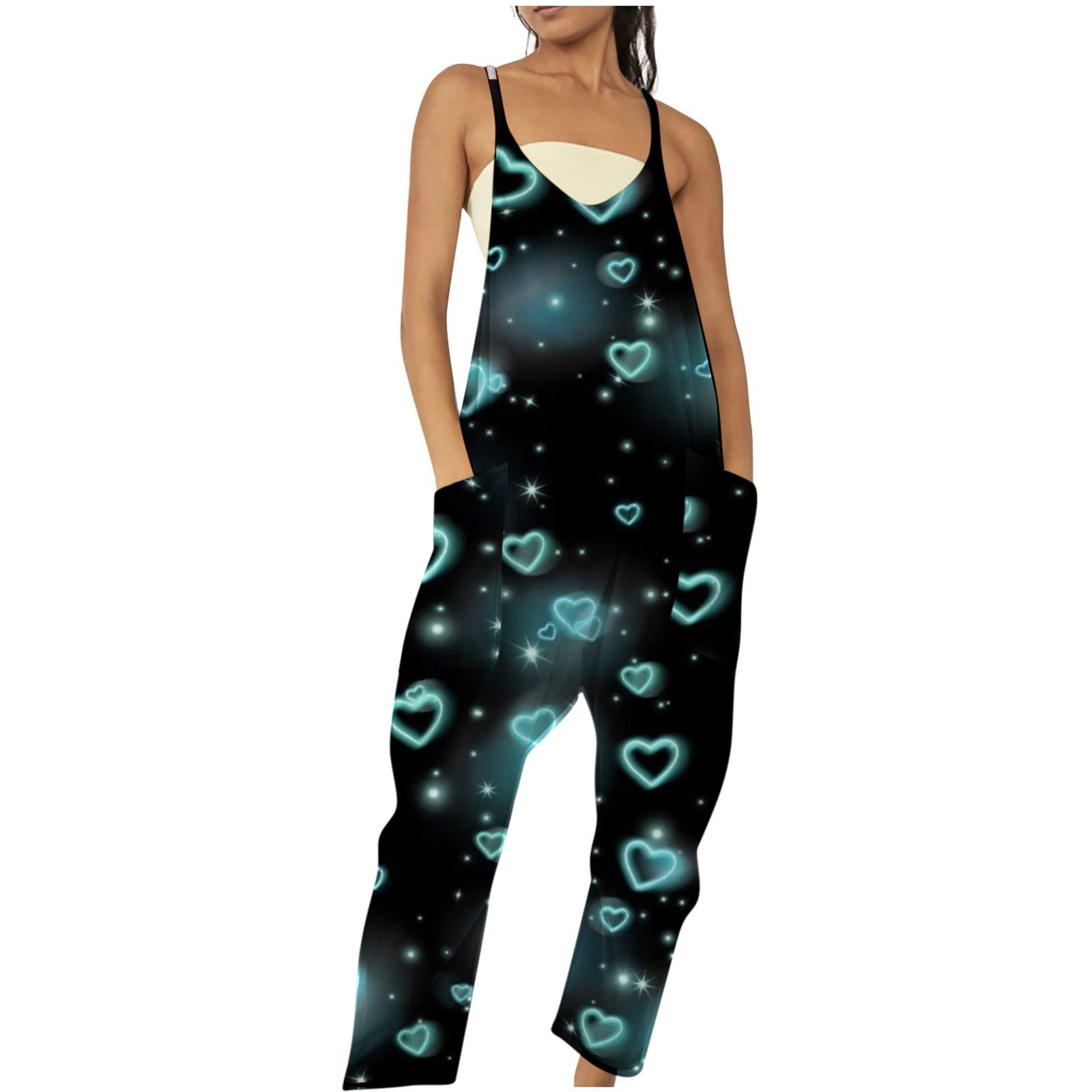 Colorful Women Love Print Loose Fit Overalls Spandex Coveralls Pants ...