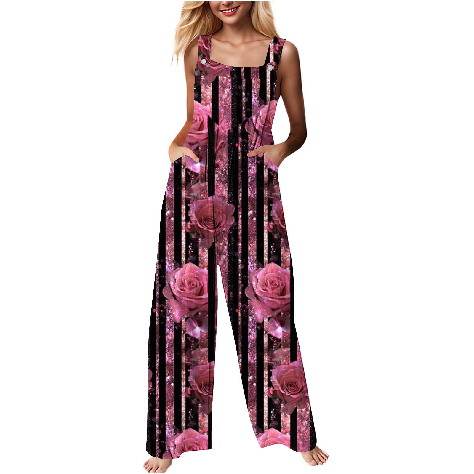 Colorful Women Pants Rose Floral Graphic Loose Fit Overalls Pants ...