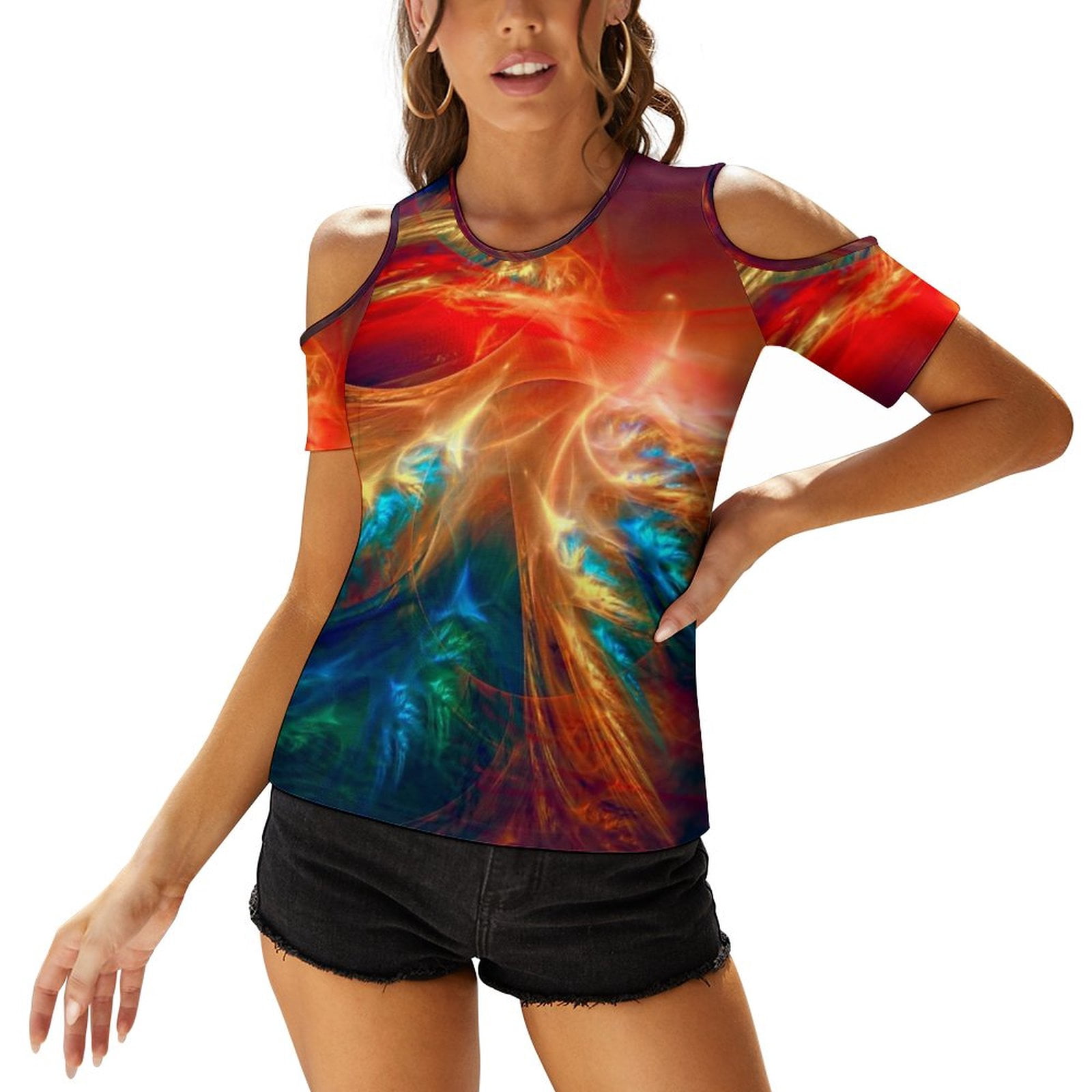 Colorful Women Short Sleeve Tops O-Neck Hollow Out Shoulder Strap Tees ...