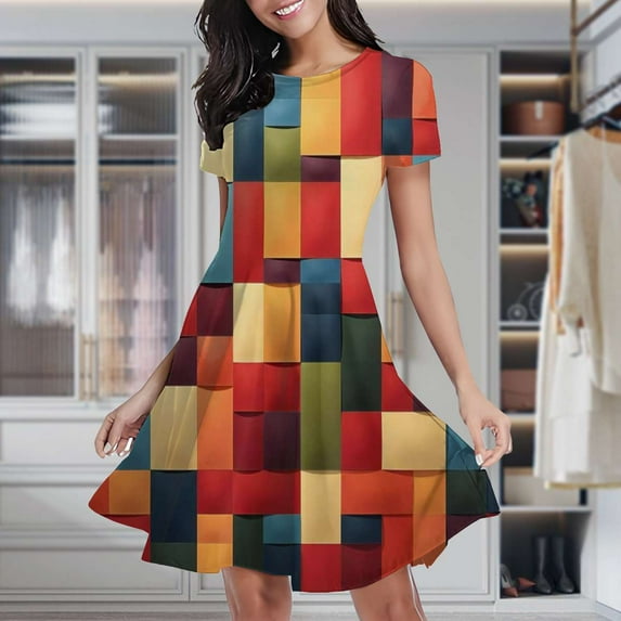 Colorful Women's Classic Swing Skater Dress Casual Work Party Cocktail ...