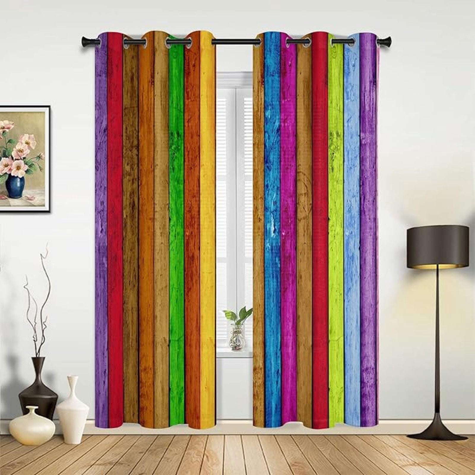 Colorful Wood Grain Blackout Curtains, 3D Retro Print Window Curtains ...