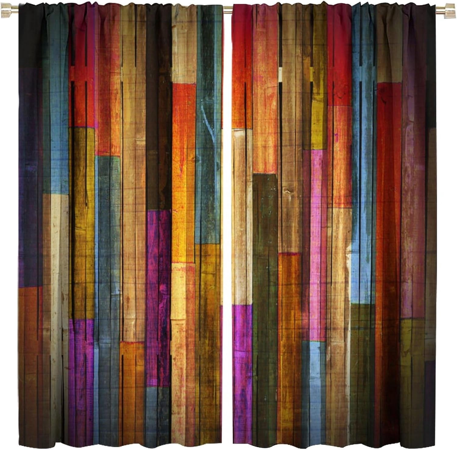 Colorful Wood Plank Blackout Curtains, Vintage Farmhouse Barn Wooden ...