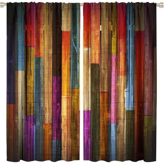 Colorful Wood Plank Blackout Curtains, Vintage Farmhouse Barn Wooden ...