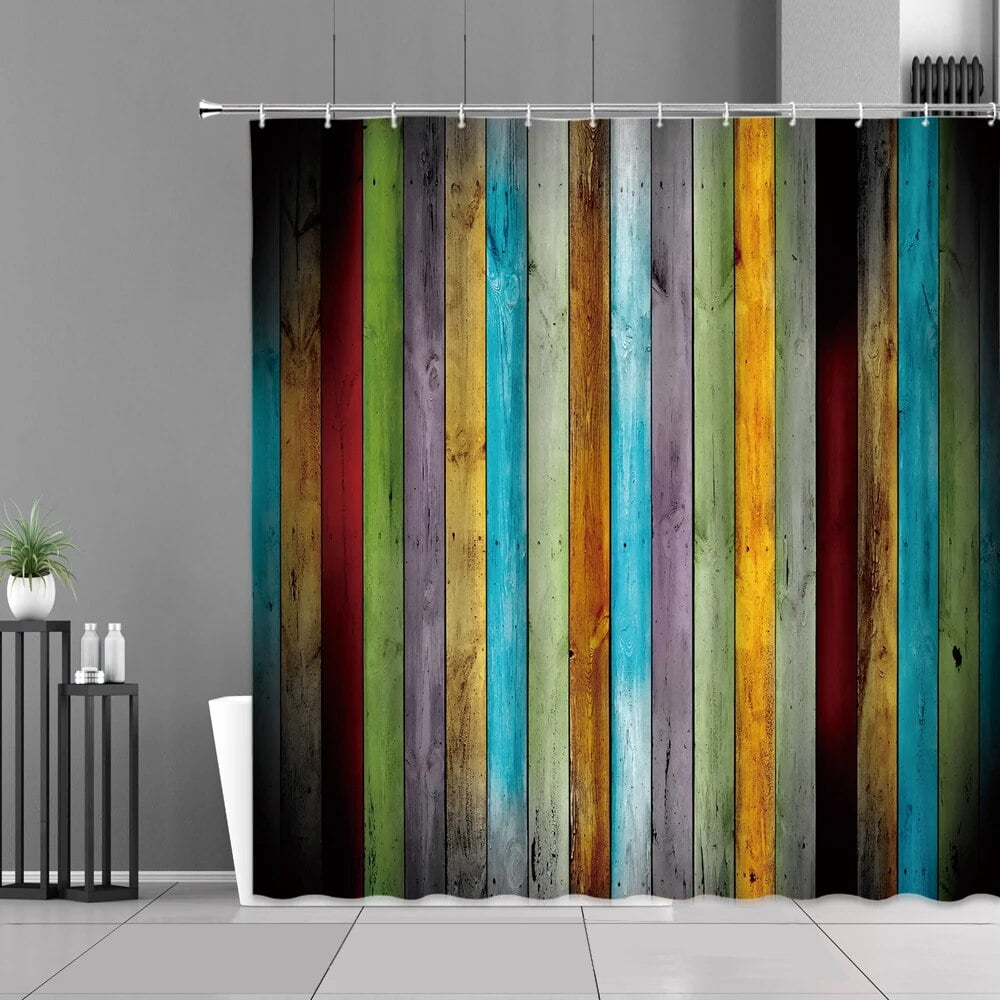 Colorful Wooden Board Heart Flowers Art Print Shower Curtain Old Wood ...
