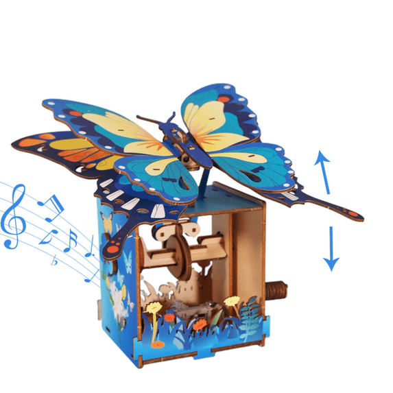 Colorful Wooden Butterfly Music Box, 3D Hand-Crank Puzzle Model Kit ...