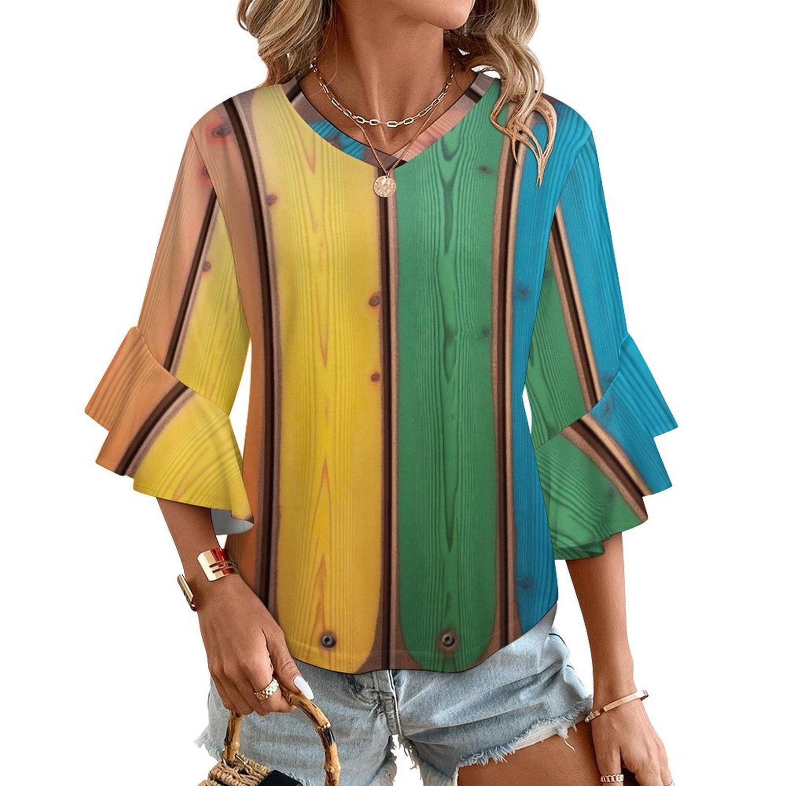 Colorful Wooden Panels Women's V-Neck Blouse With 3/4 Ruffled Bell ...