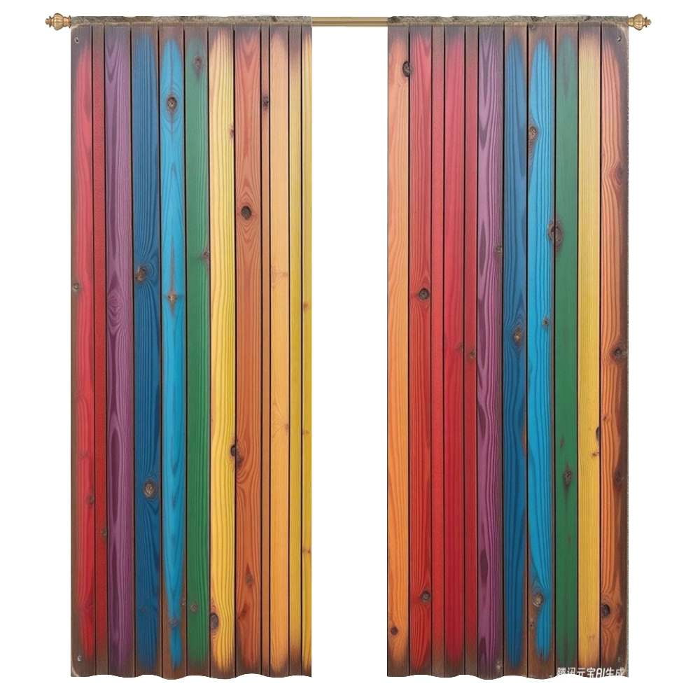 Colorful Wooden Planks Background Tulle Curtains For Living Room ...