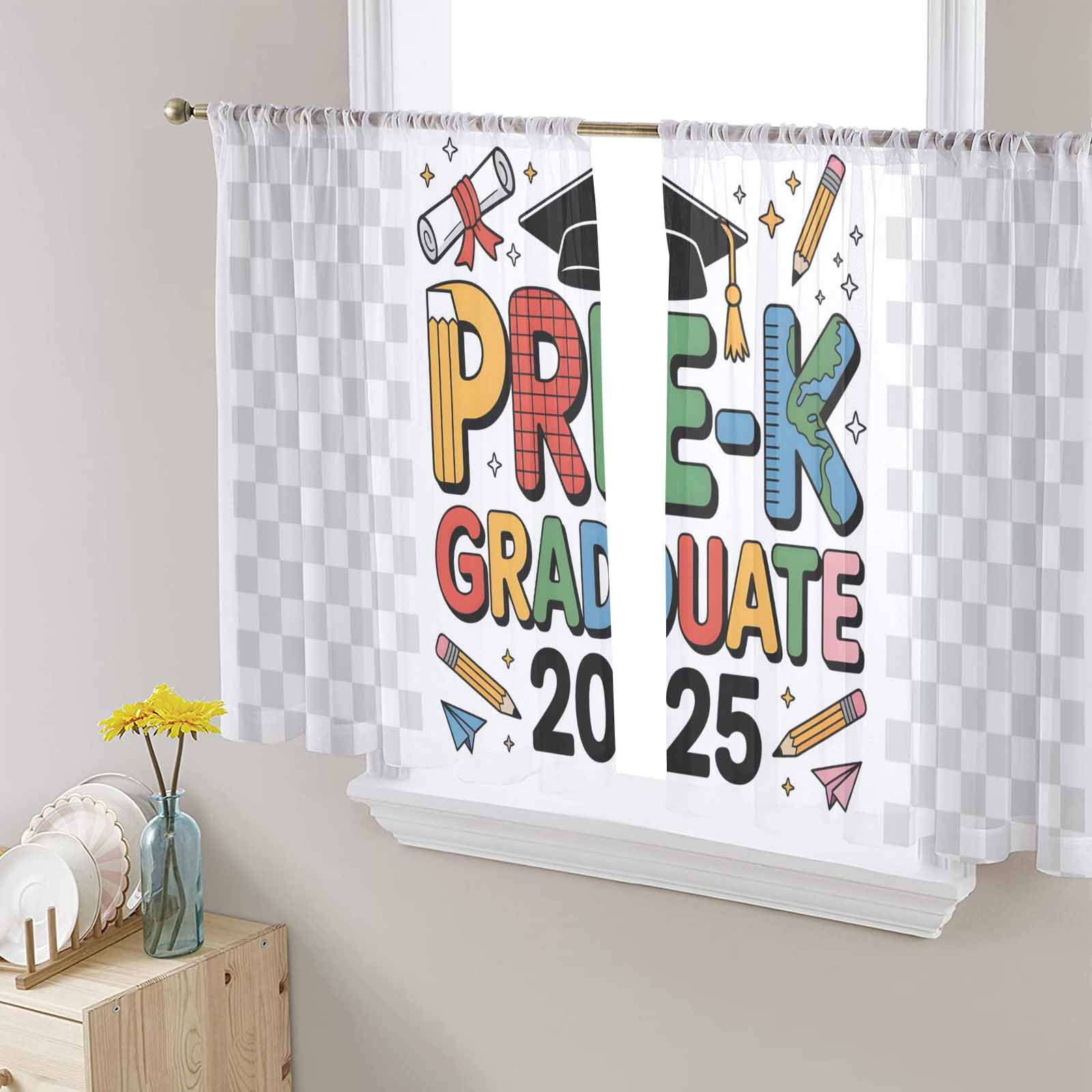 Colorful Words Graduation Sheer Curtains 45 Inch Length 2 Panels Set ...