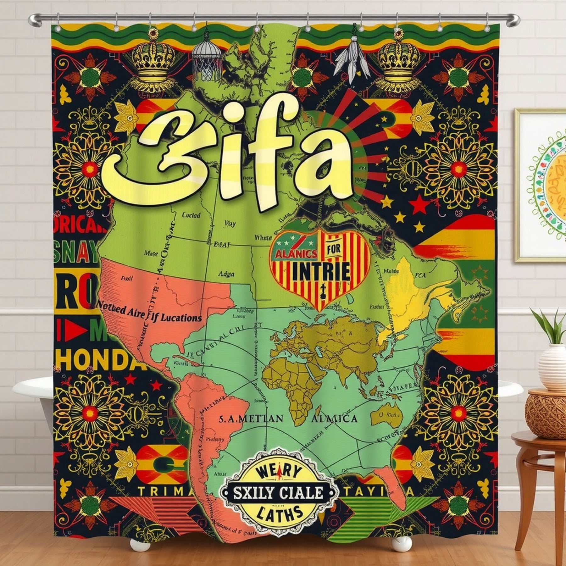 Colorful World Map Shower Curtain - Retro Design with Fun Motifs ...