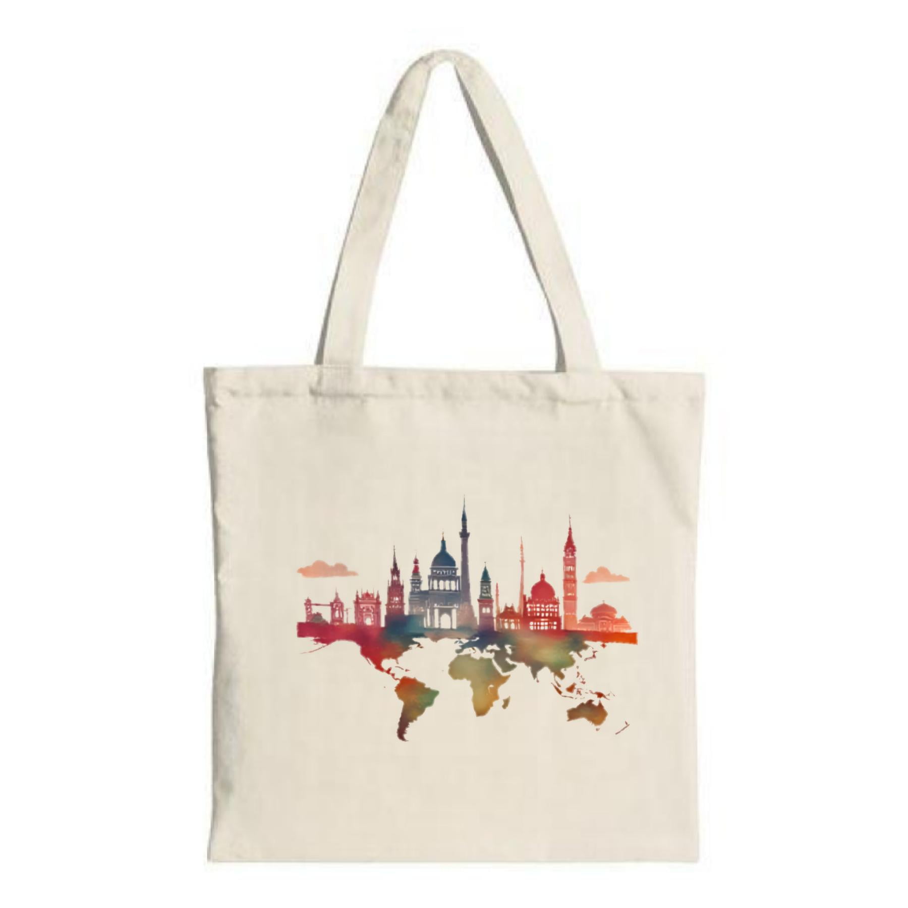 Colorful World Map Tote Bag - Iconic Landmarks Design Vibrant Skyline ...