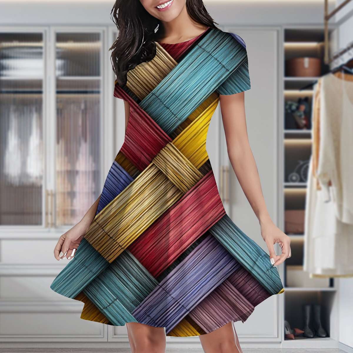 Colorful Woven Wood Texture Design Women's Classic Swing Skater Dress ...