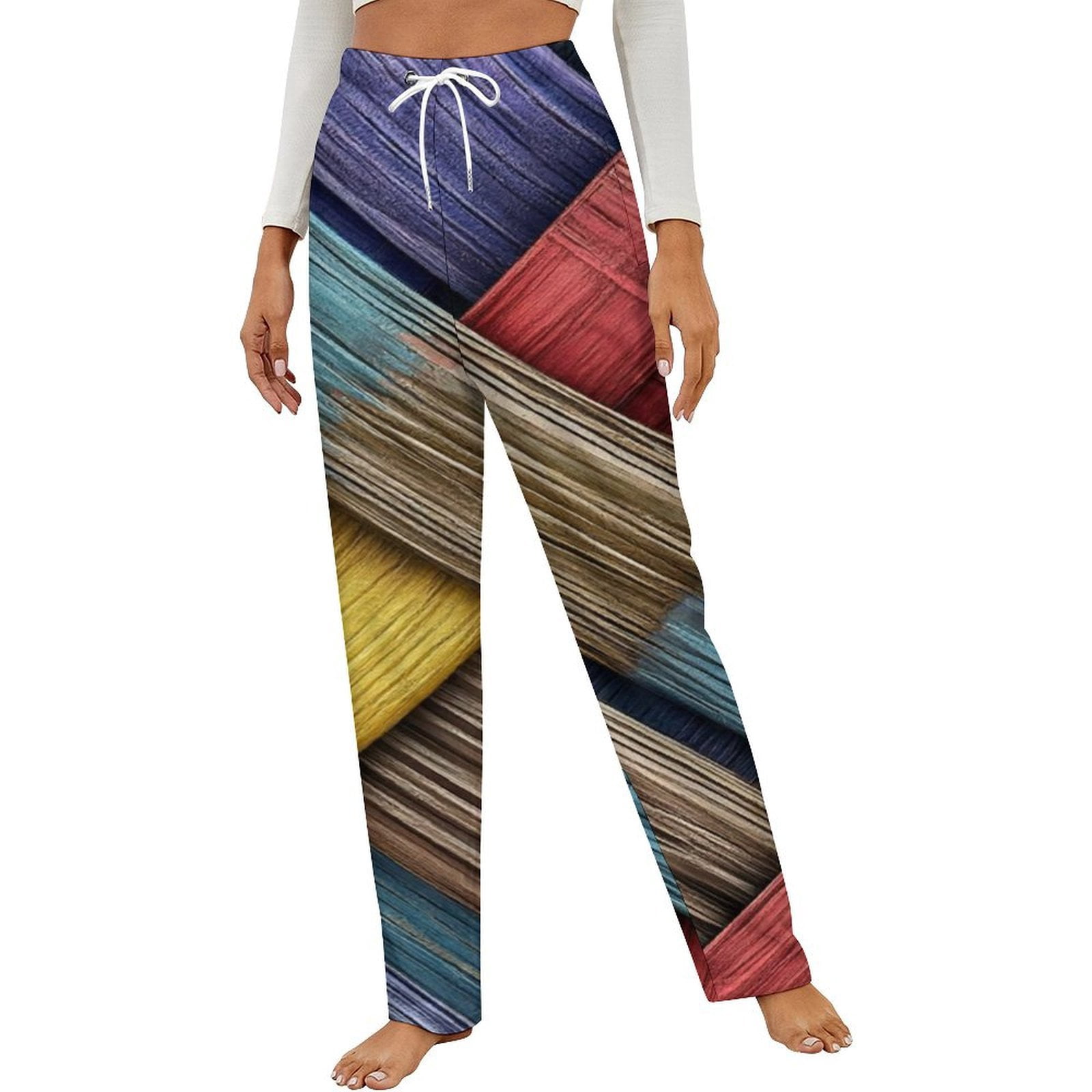 Colorful Woven Wooden Planks Winter Female Pants Flannel High Waist ...