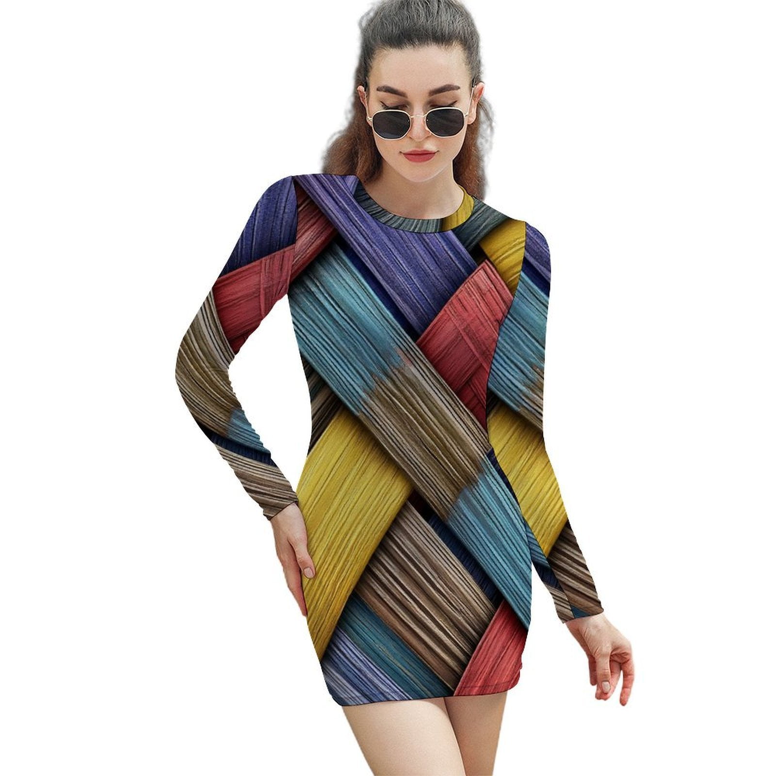 Colorful Woven Wooden Planks Women's Long Sleeve Bodycon Dress Soft ...
