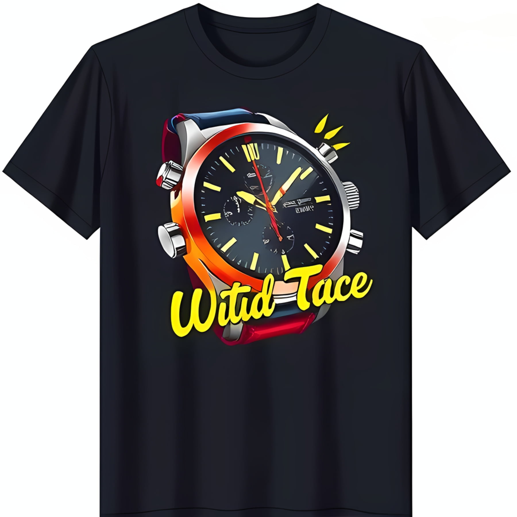 Colorful Wristwatch Graphic Black T-Shirt with Hand Drawn 'Witd Tace ...