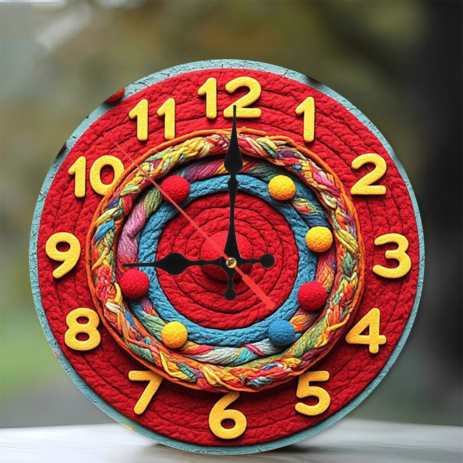 Colorful Yarn Clock Wall Decor Handmade Art 10-Inch Silent Wooden Wall ...