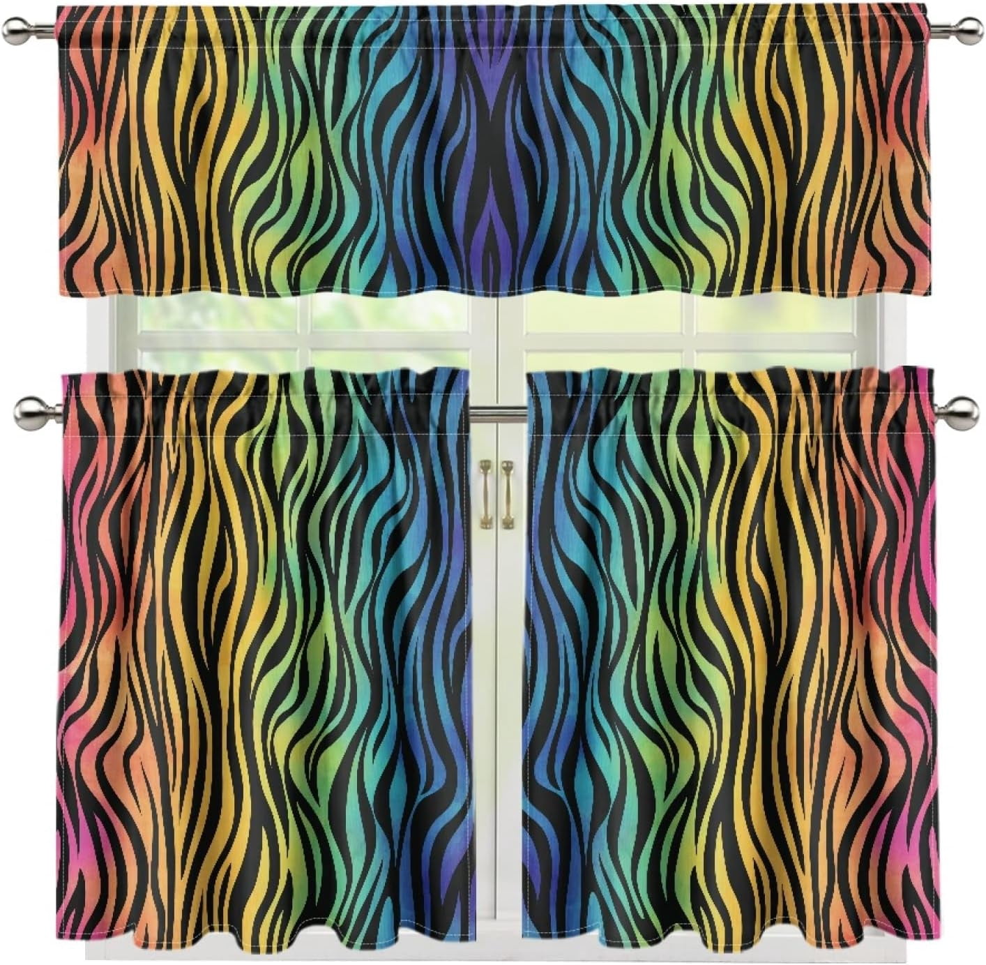 Colorful Zebra Print Basic Kitchen Curtain Valance and Tiers Set ...