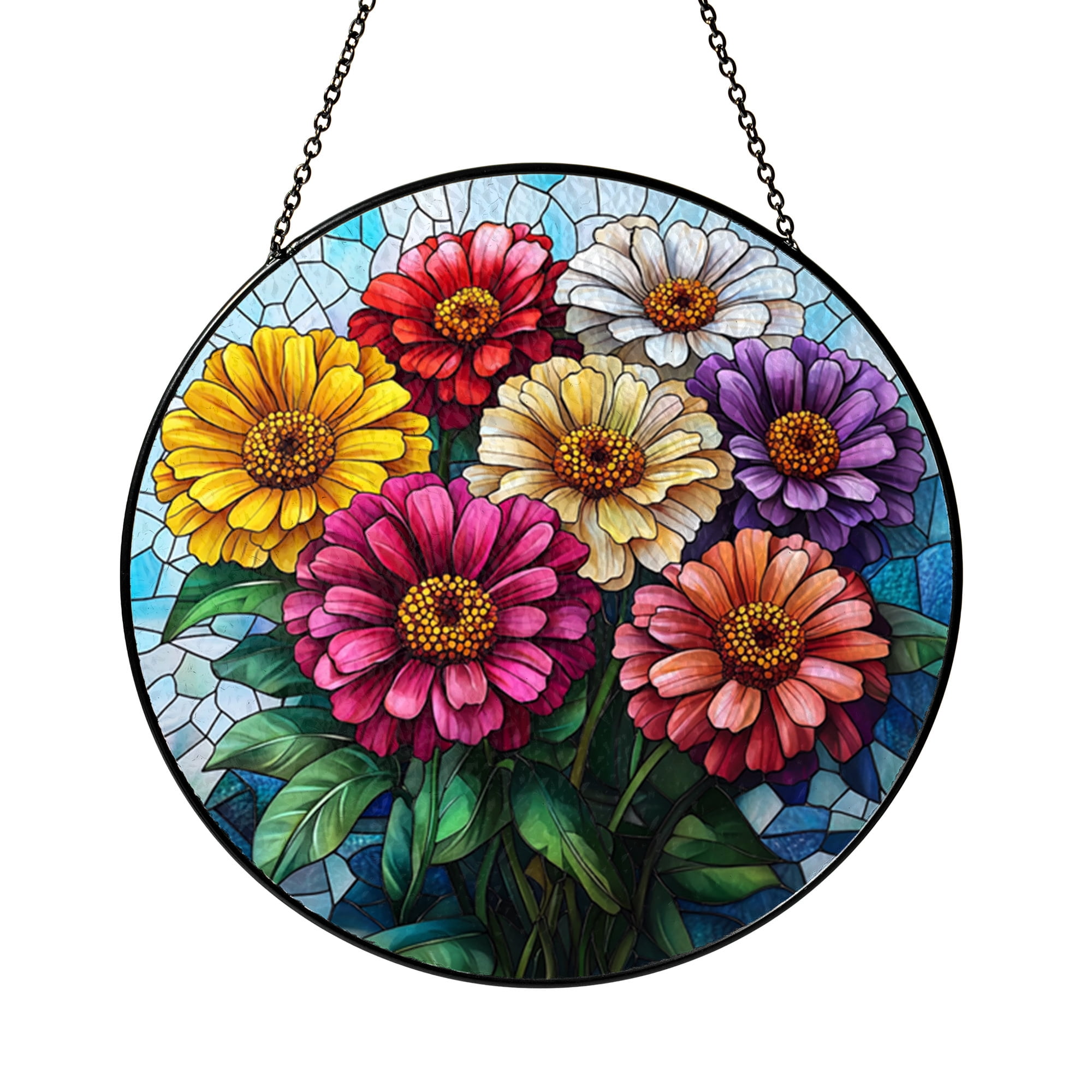 Colorful Zinnia Flowers Stained Glass Suncatcher, Floral Window Hanging ...
