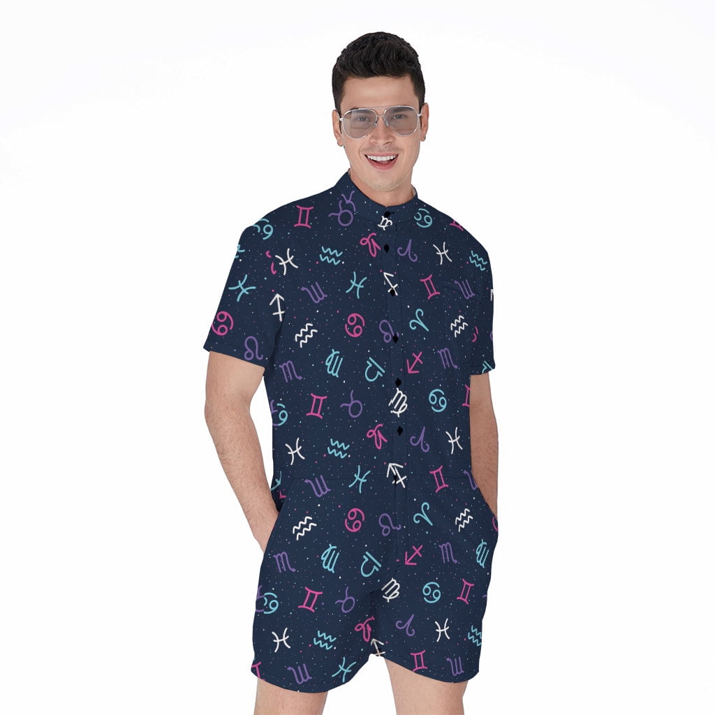 Colorful Zodiac Symbols Pattern Short Sleeve Men'S Rompers, Zodiac ...