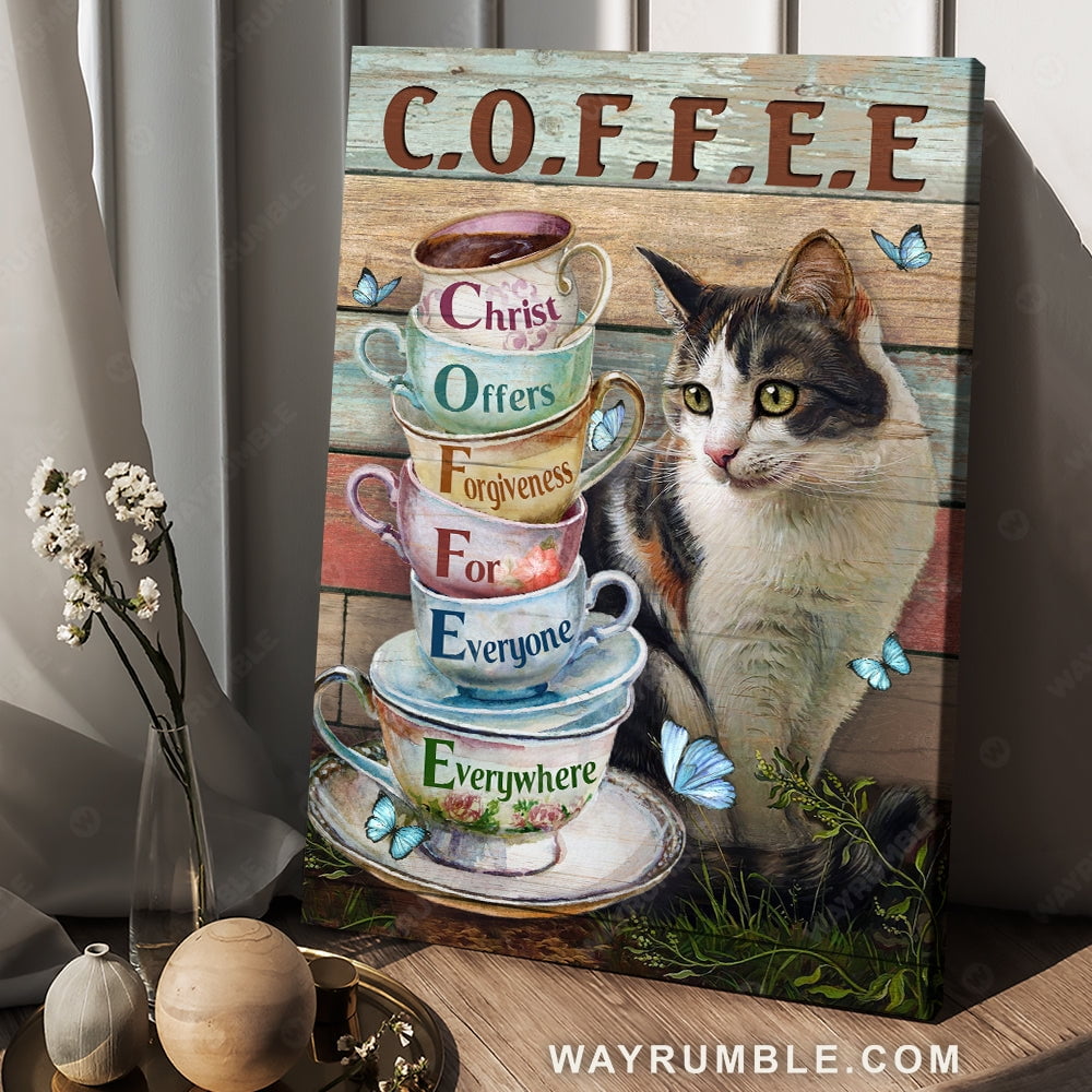 Colorful coffee cup, Cute cat, Christ offers forgiveness for everyone ...