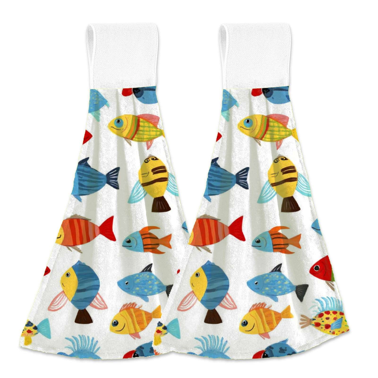 Colorful fish swim happily white background Hanging Kitchen Hand Towels ...