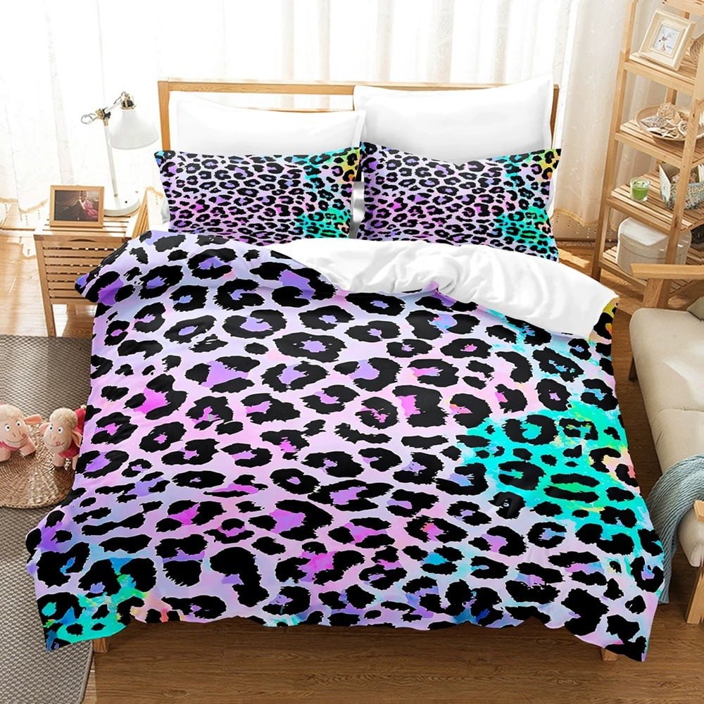 Colorful gradient leopard print three-piece bedding set, quilt cover ...