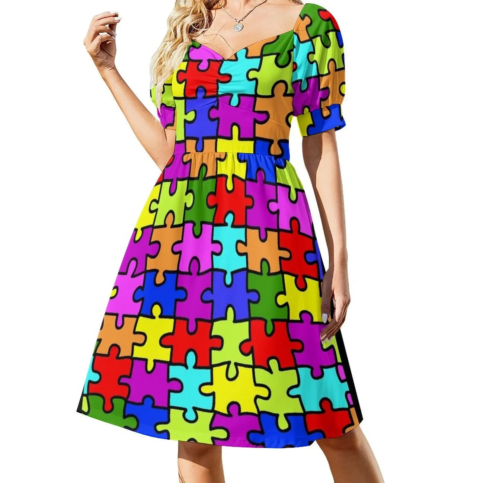 Colorful jigsaw puzzle pattern- autism awareness Sleeveless Dress ...