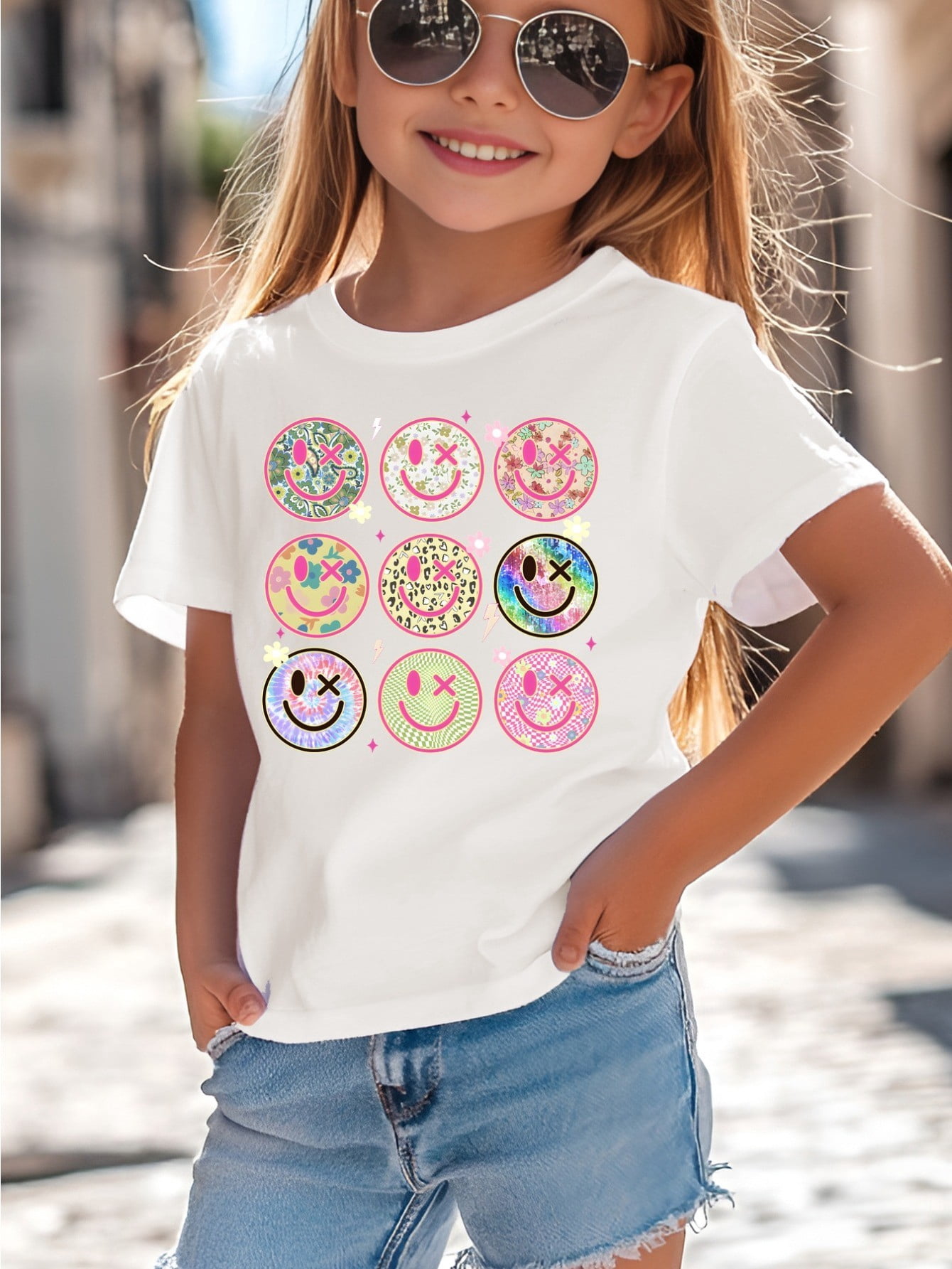 Colorful joyful Face Graphic Girls' Summer T-Shirt - Soft, Breathable ...