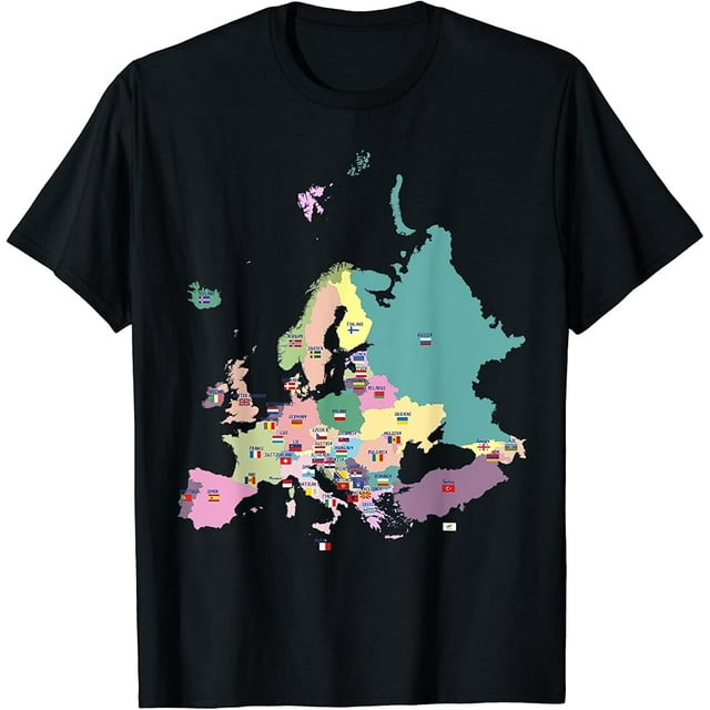 Colorful map of Europe with national flags, Country names T-Shirt ...