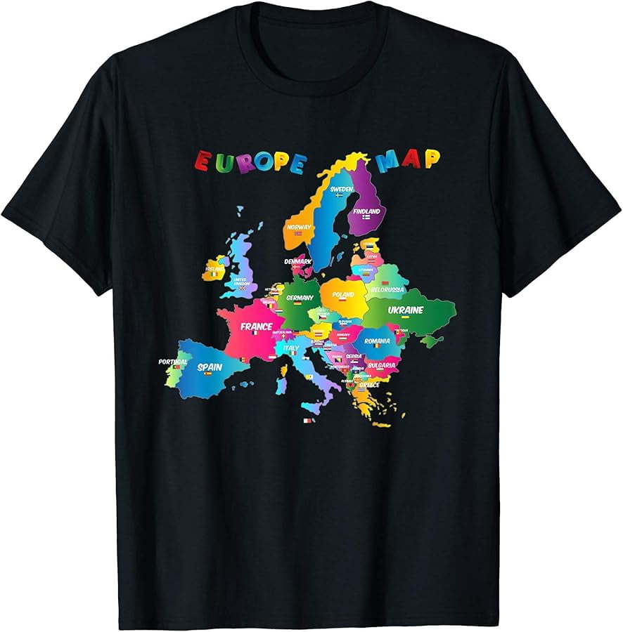 Colorful map of Europe with national flags, European states T-Shirt ...